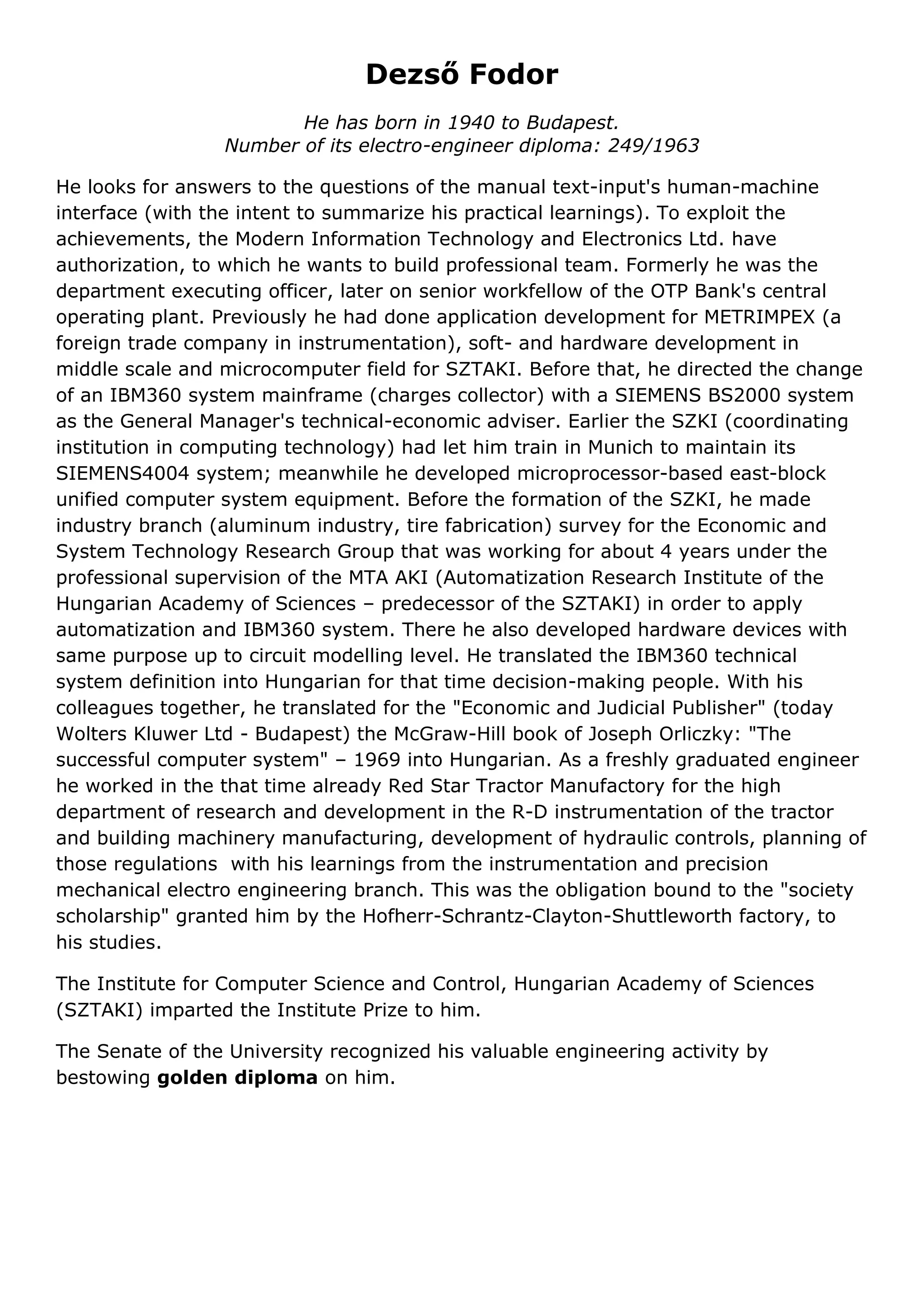 Dezső Fodor golden diploma laudation | PDF
