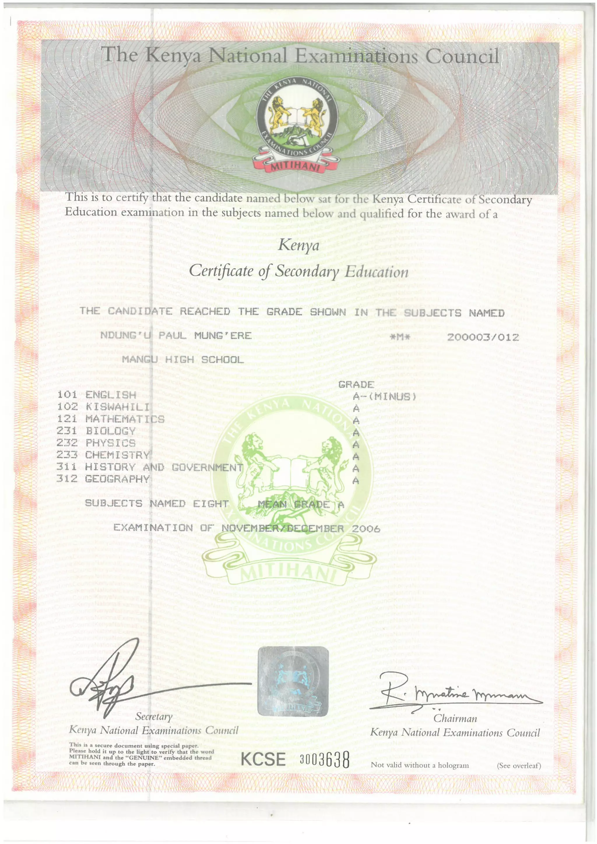 K.C.S.E Certificate | PDF