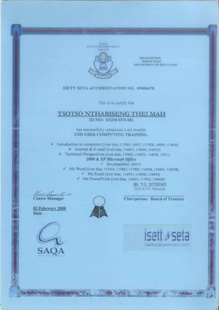 NT Tsotso-Tladi Certificates | PDF