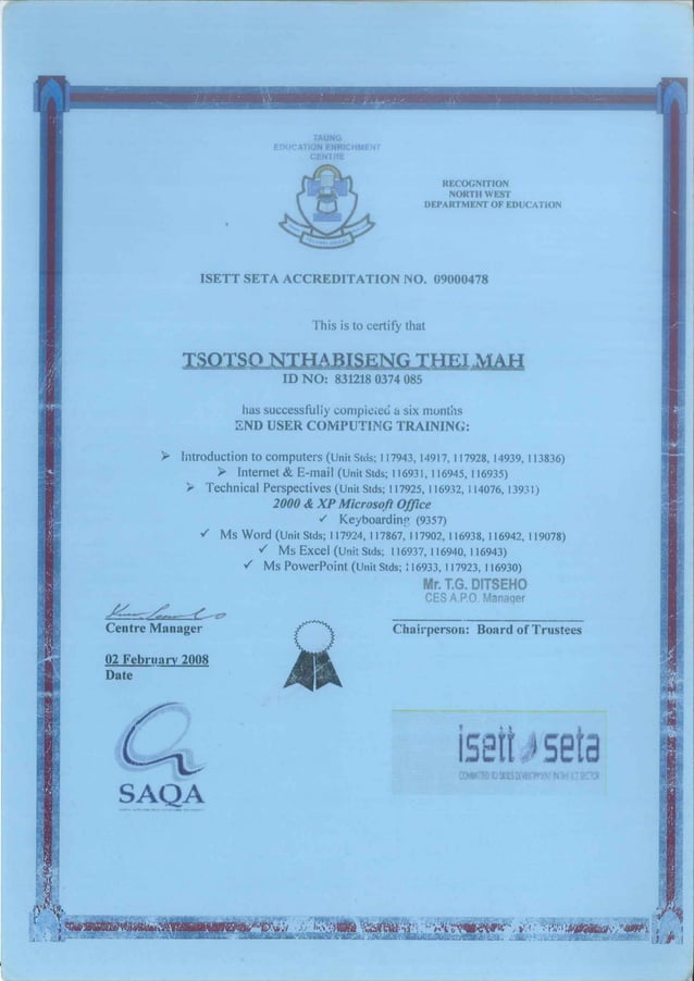 NT Tsotso-Tladi Certificates | PDF