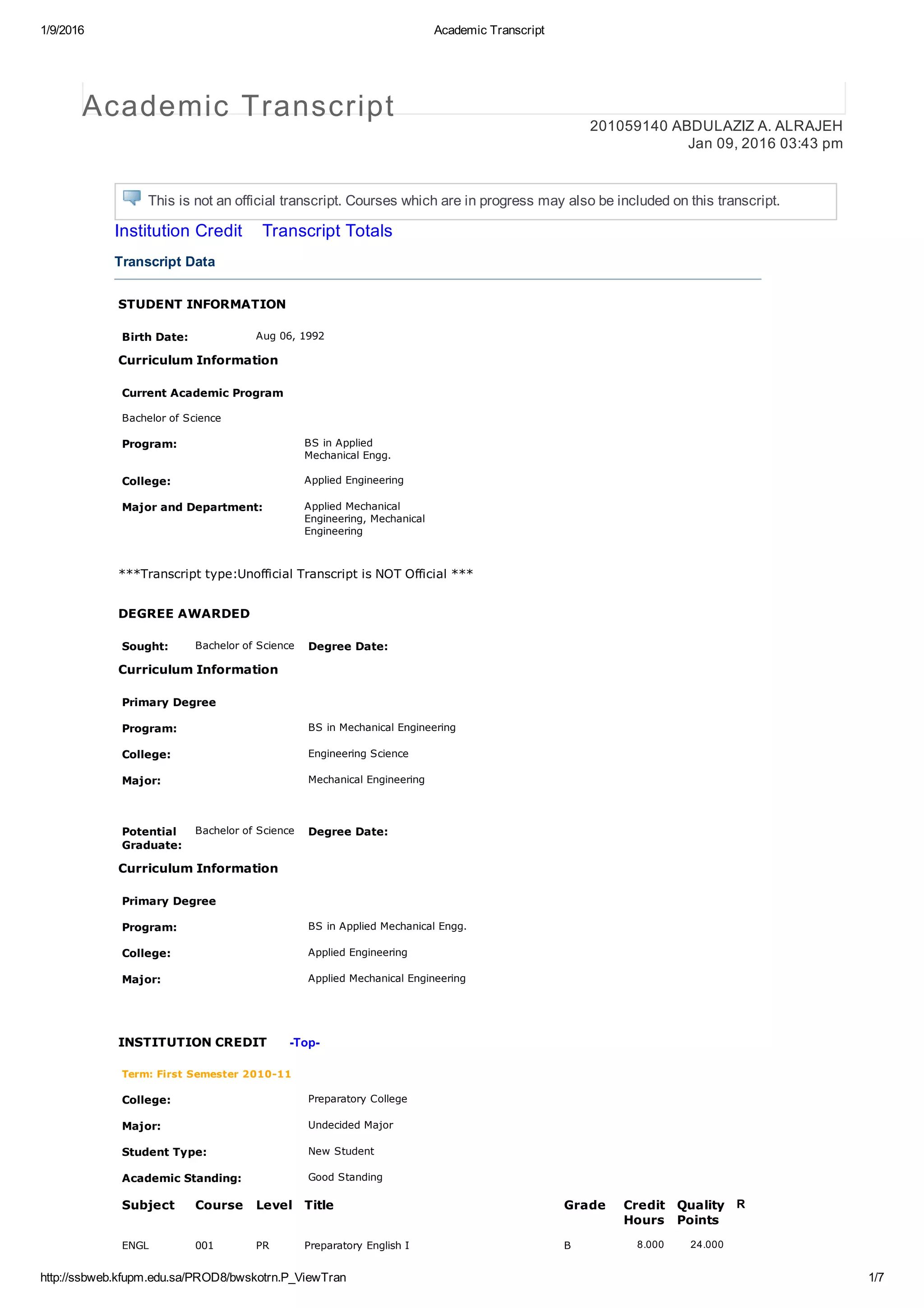 Abdulaziz alrajeh Academic Transcript | PDF