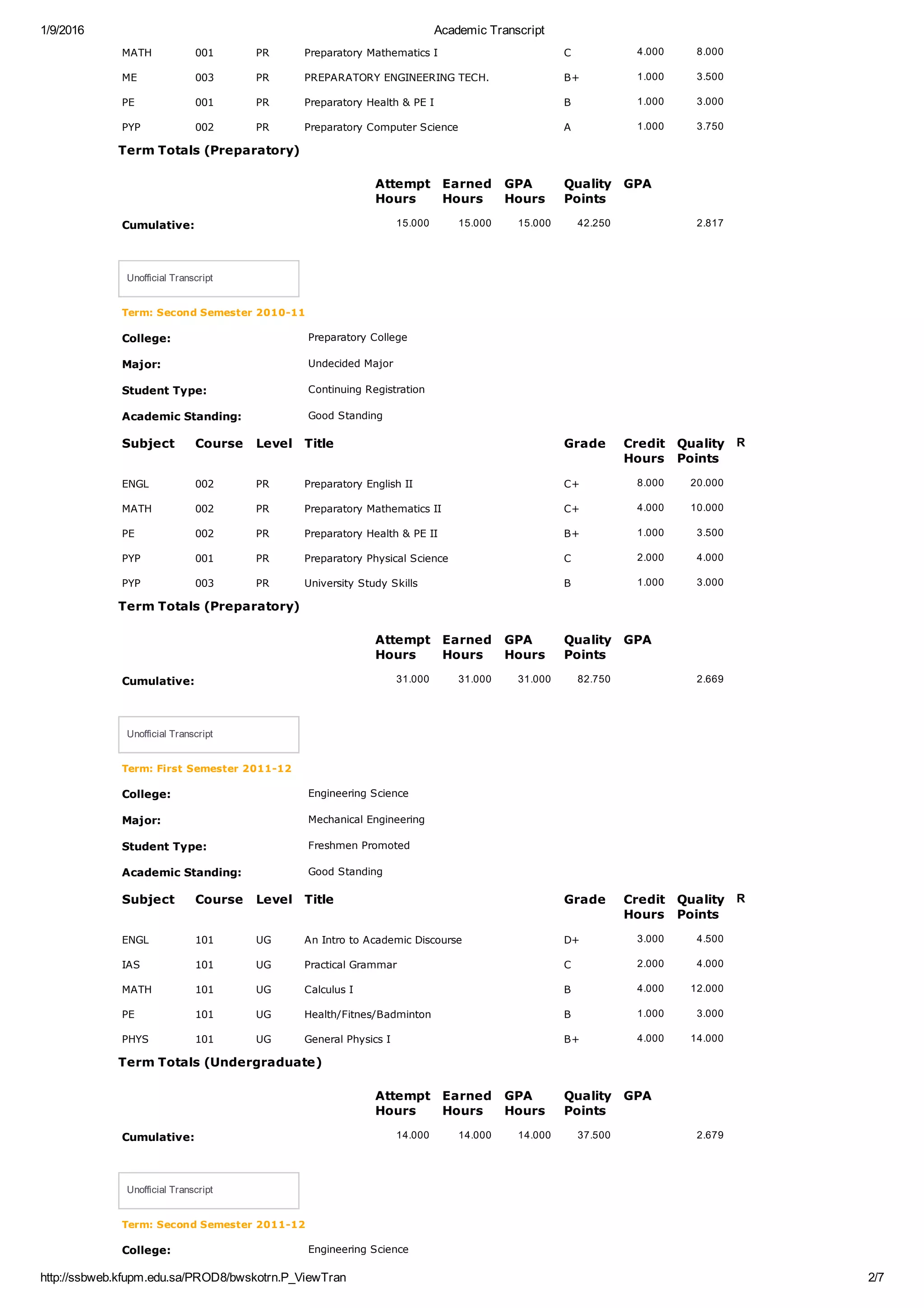 Abdulaziz alrajeh Academic Transcript | PDF