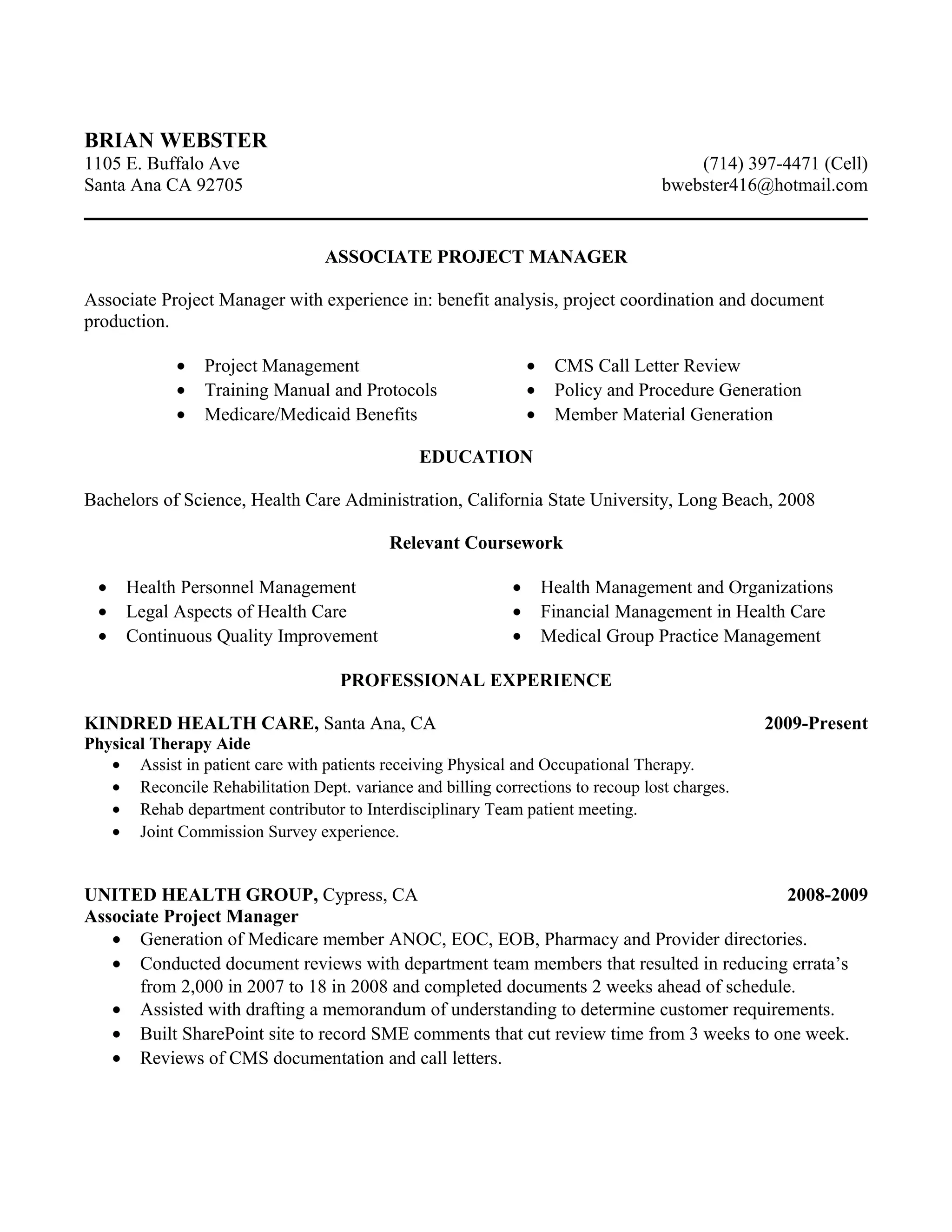 Webster, B Proj Mgr | DOC