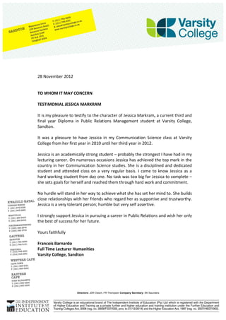 Reference Letter Jessica Markram - Varsity College | PDF