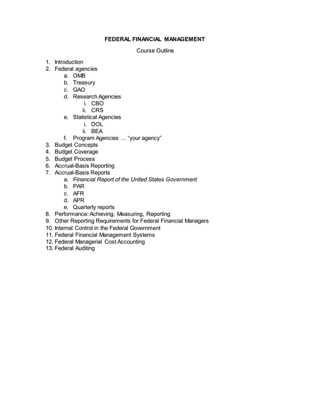 Federal Financial Management, Course Outline | PDF