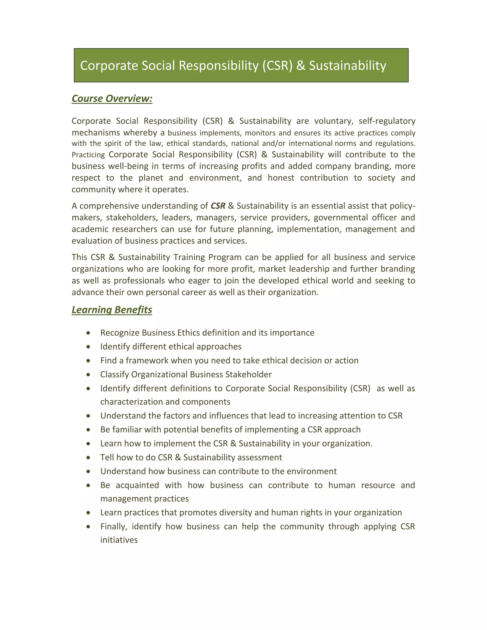 Corporate Social Responsibility & Business Ethics Training Program | PDF