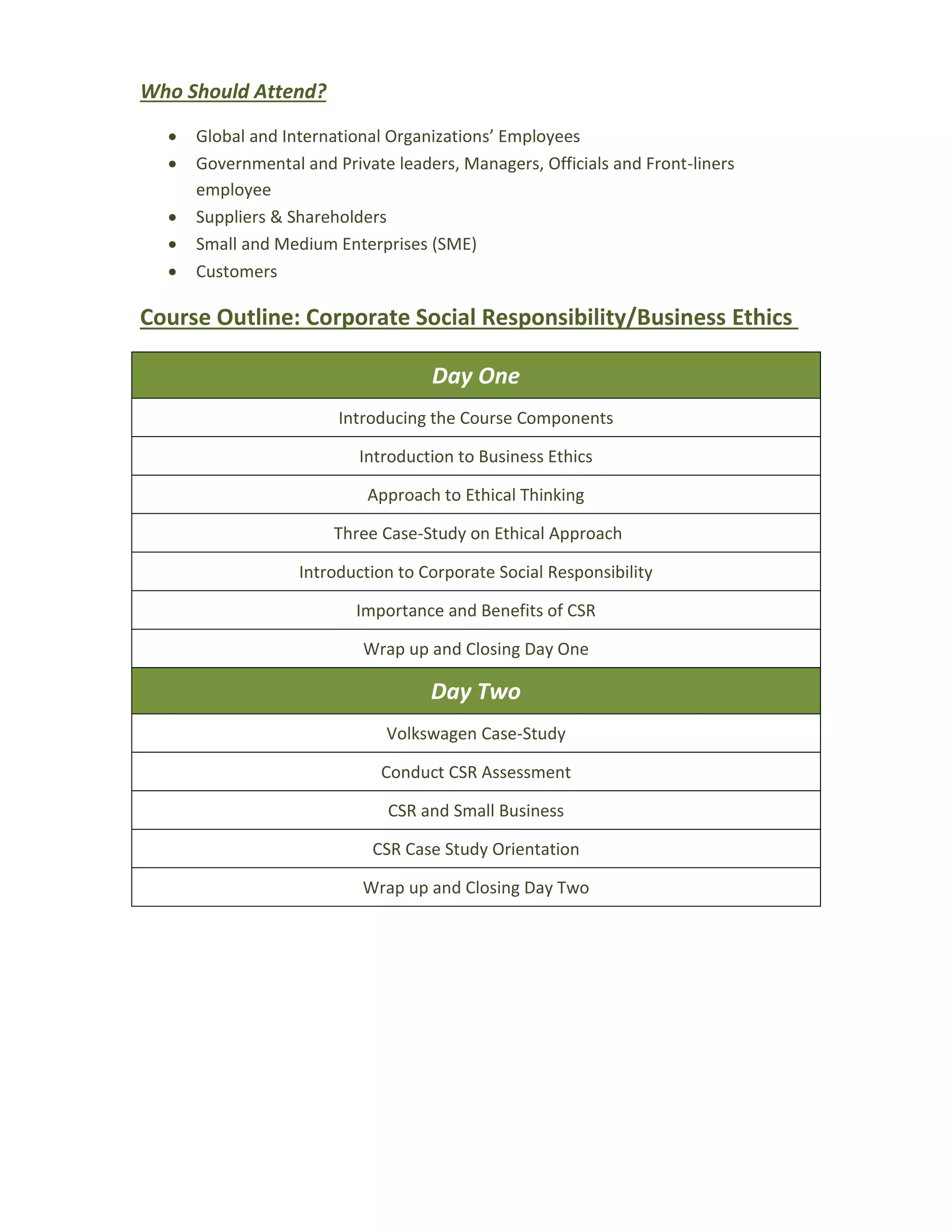 Corporate Social Responsibility & Business Ethics Training Program | PDF