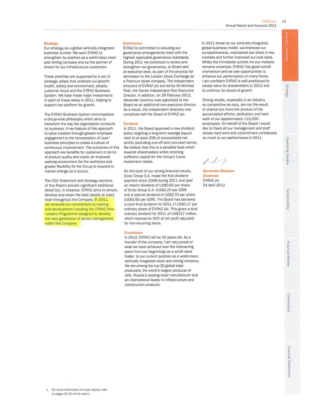 Evraz plc 2011 Chairman's Statement Referencing the New Leaders Program | PDF
