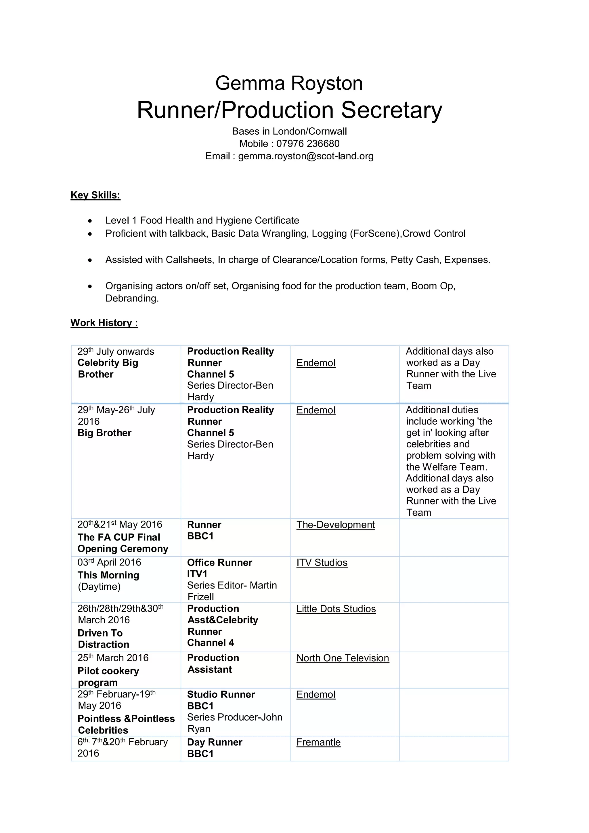 Gemma Royston CV Runner Prod Sec | PDF