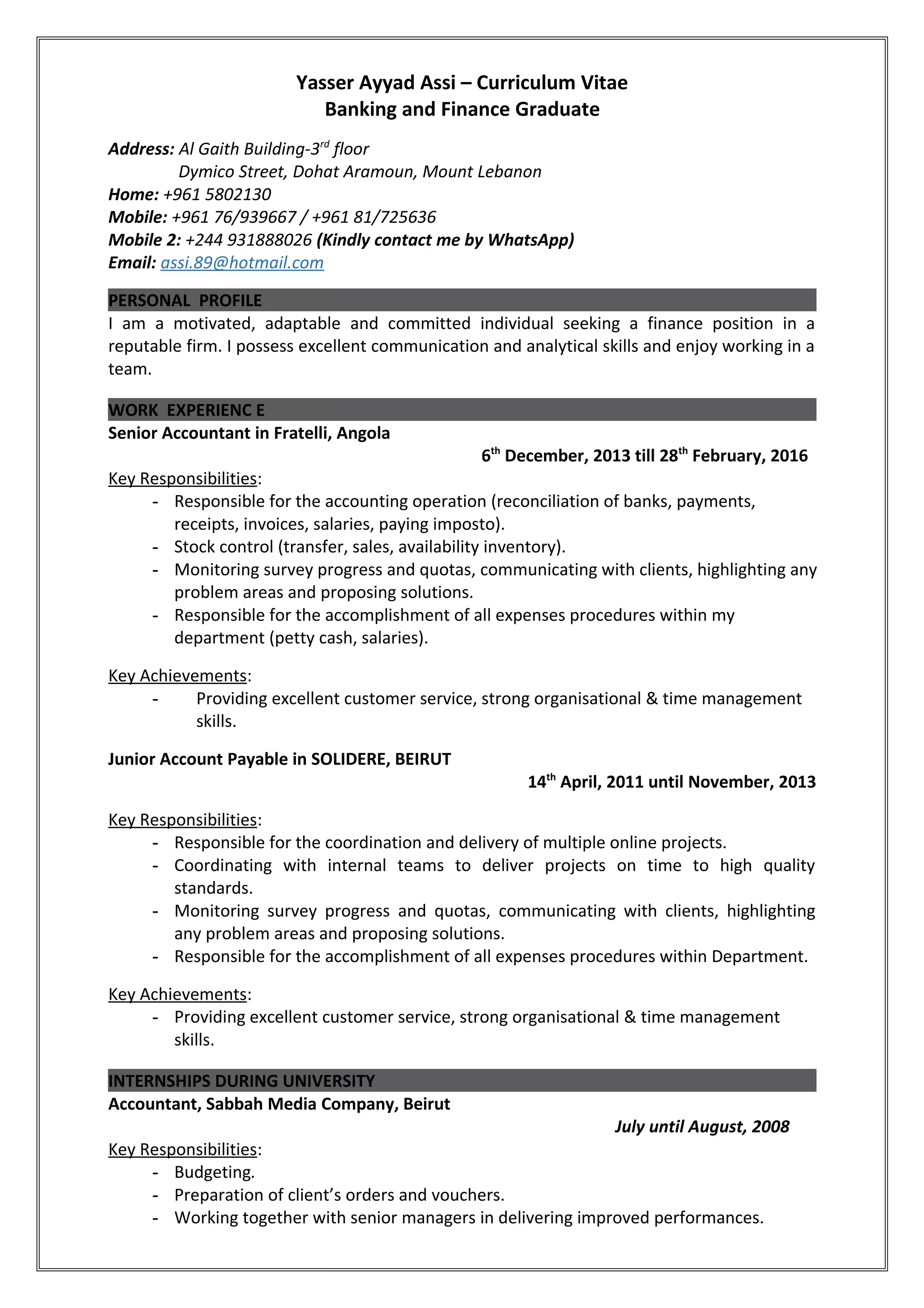 Yasser_Assi_CV | DOC | Business Accounting & Finance | Business