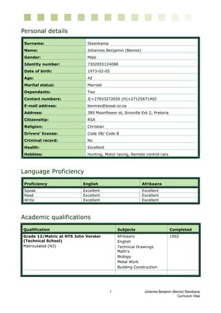 Bennie Steenkamp - CV 2015 | PDF | Automotive Industry | Industries