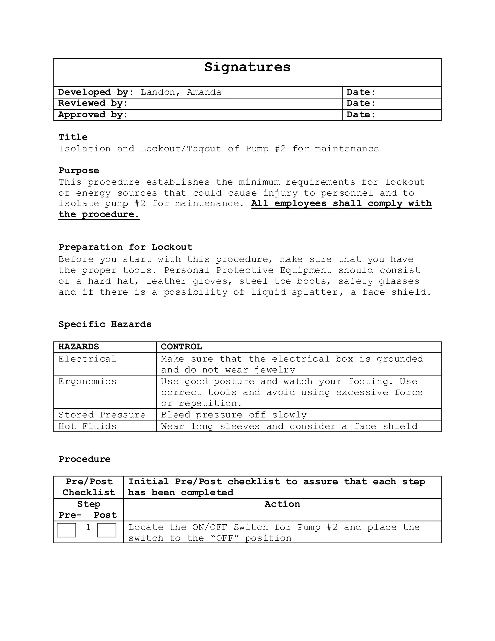 LOTO Procedure | DOCX