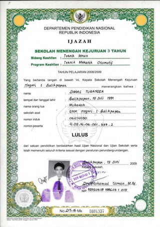 Ijazah SMK 1 Balikpapan | PDF