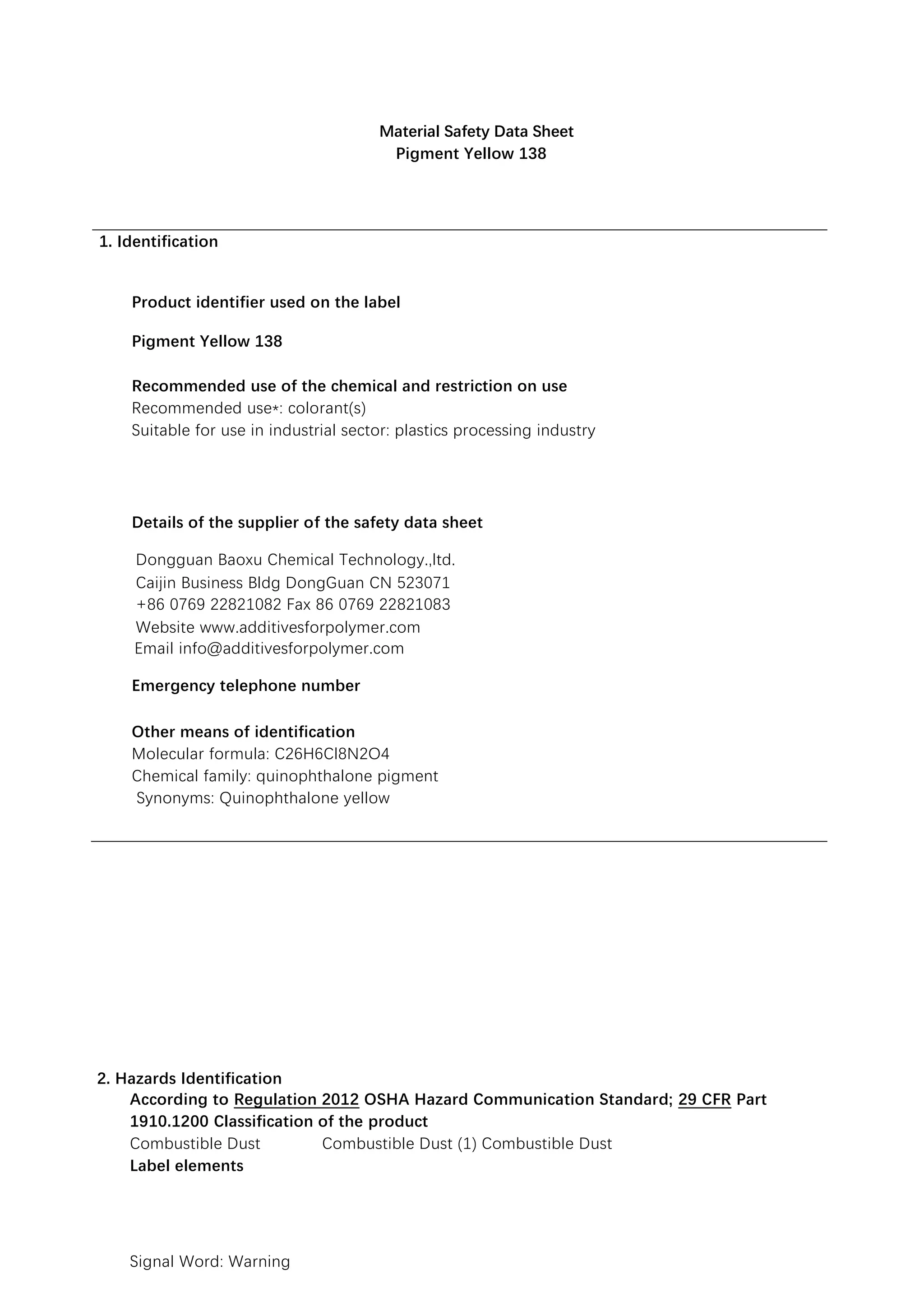 Pigment yellow 138 cas 30125 47-4 safety data sheet msds sds baoxu ...