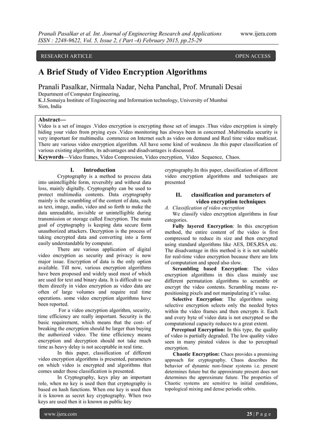 A Brief Study of Video Encryption Algorithms | PDF