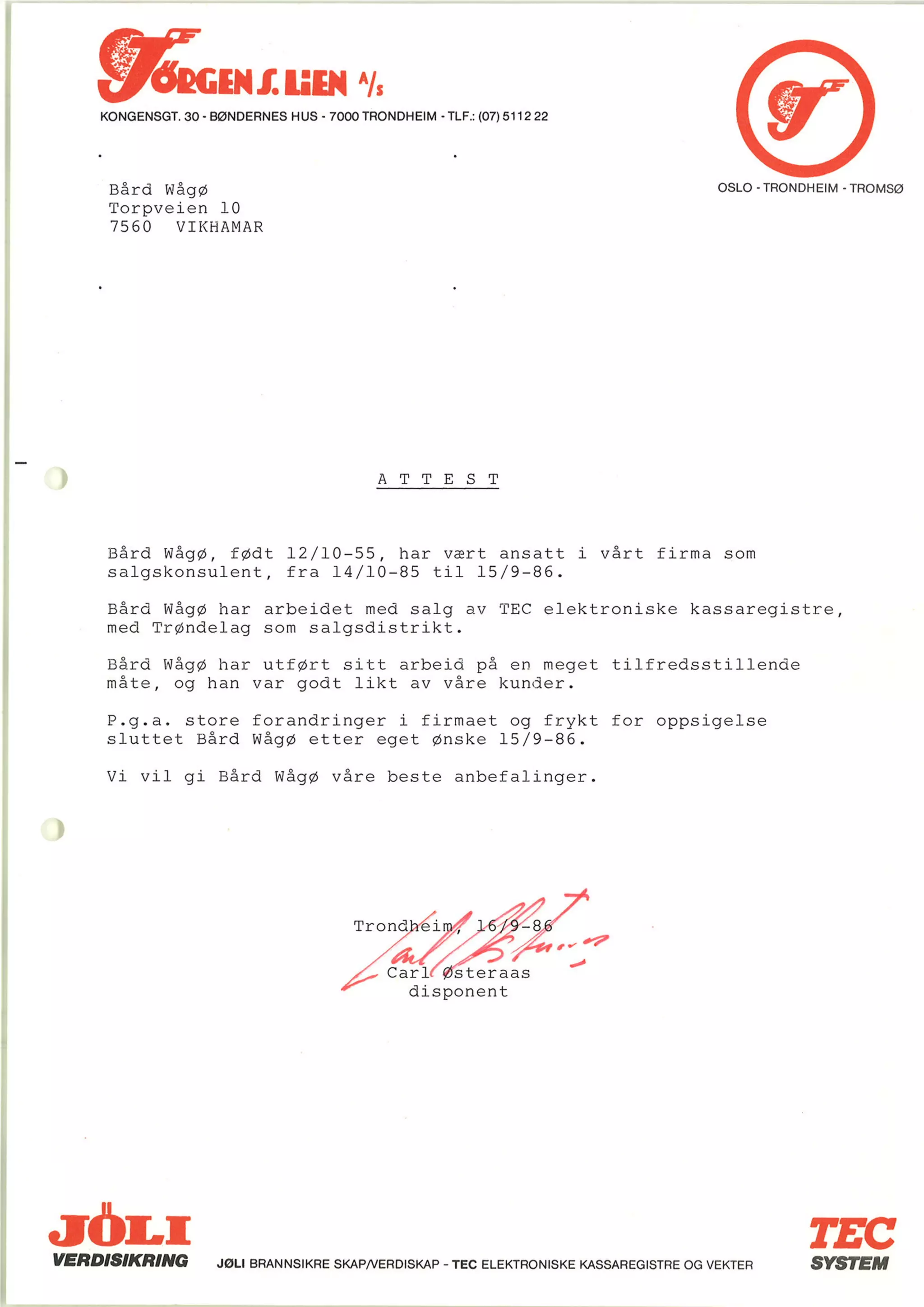 Jørgen S Lien - arbeidsattest | PDF