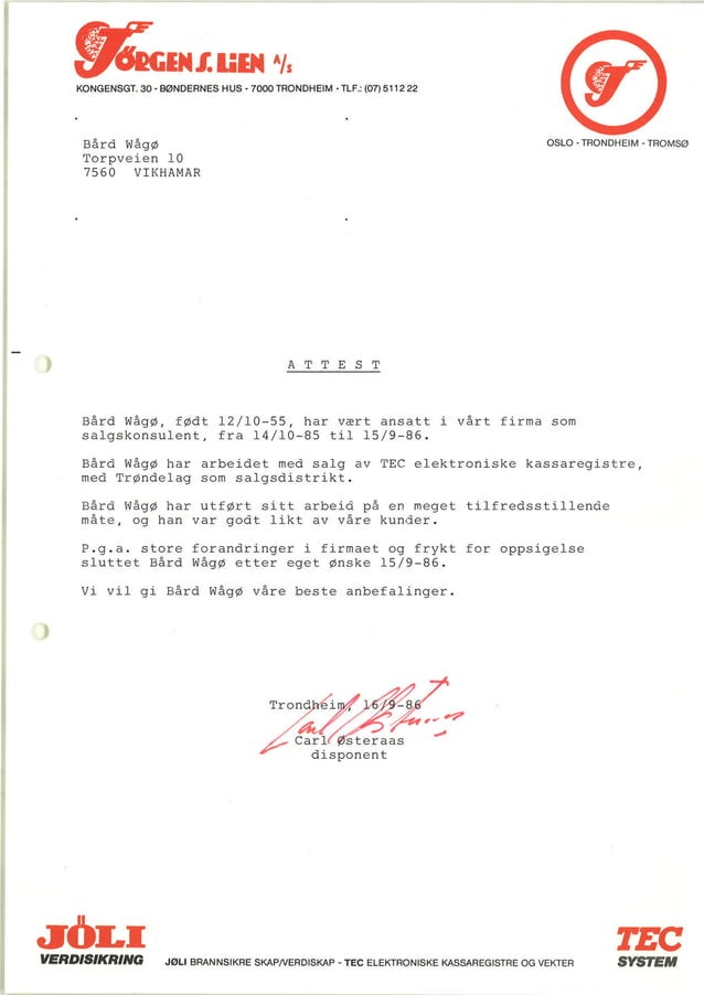 Jørgen S Lien - arbeidsattest | PDF