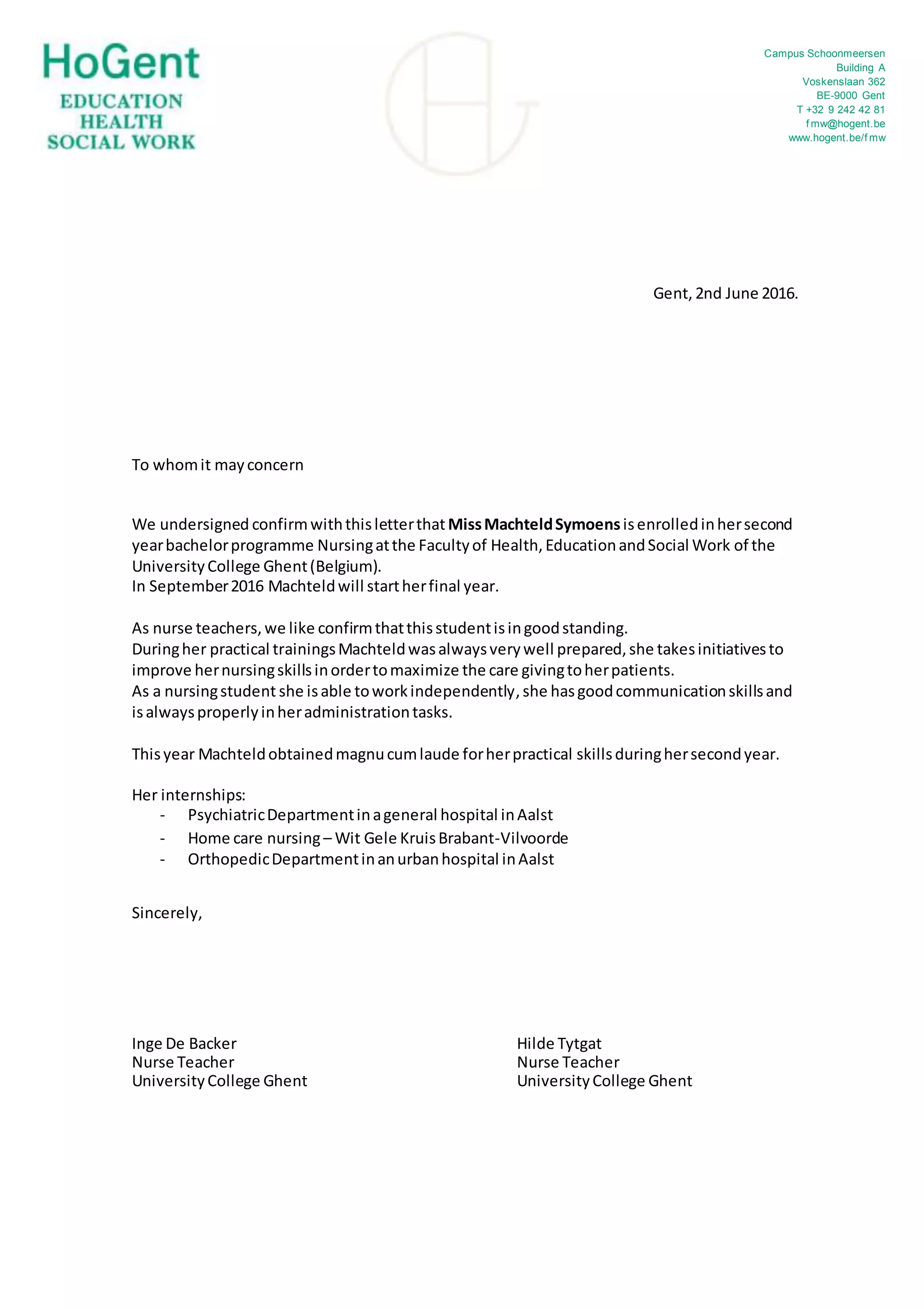 letter of reference Miss Machteld Symoens | PDF