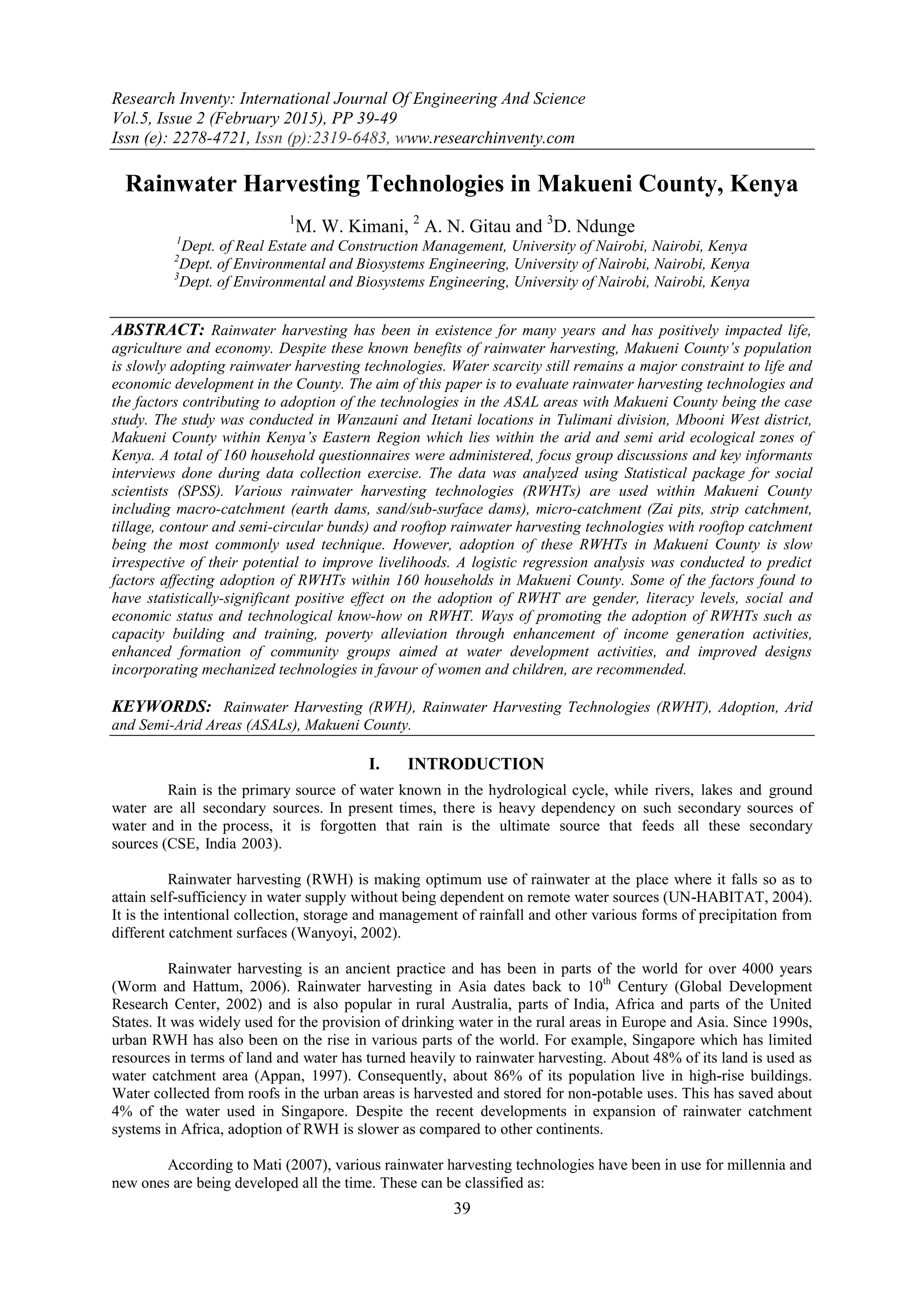 Rainwater Harvesting Technologies in Makueni County, Kenya | PDF