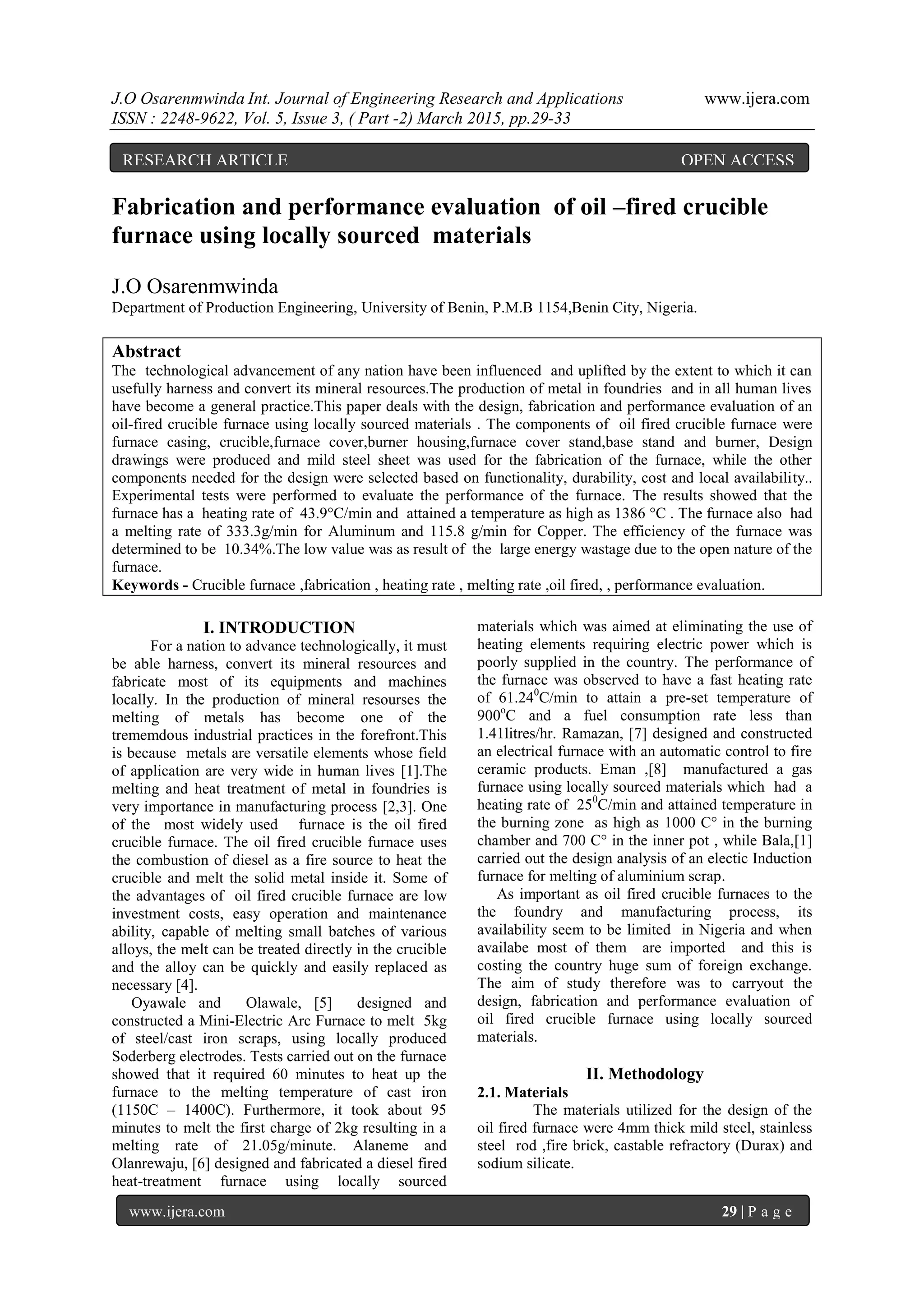 Fabrication and performance evaluation of oil –fired crucible furnace ...