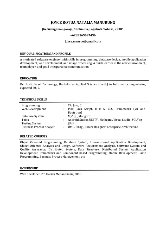 Resume_JoyceRotuaNataliaManurung | PDF | Programming Languages | Computing