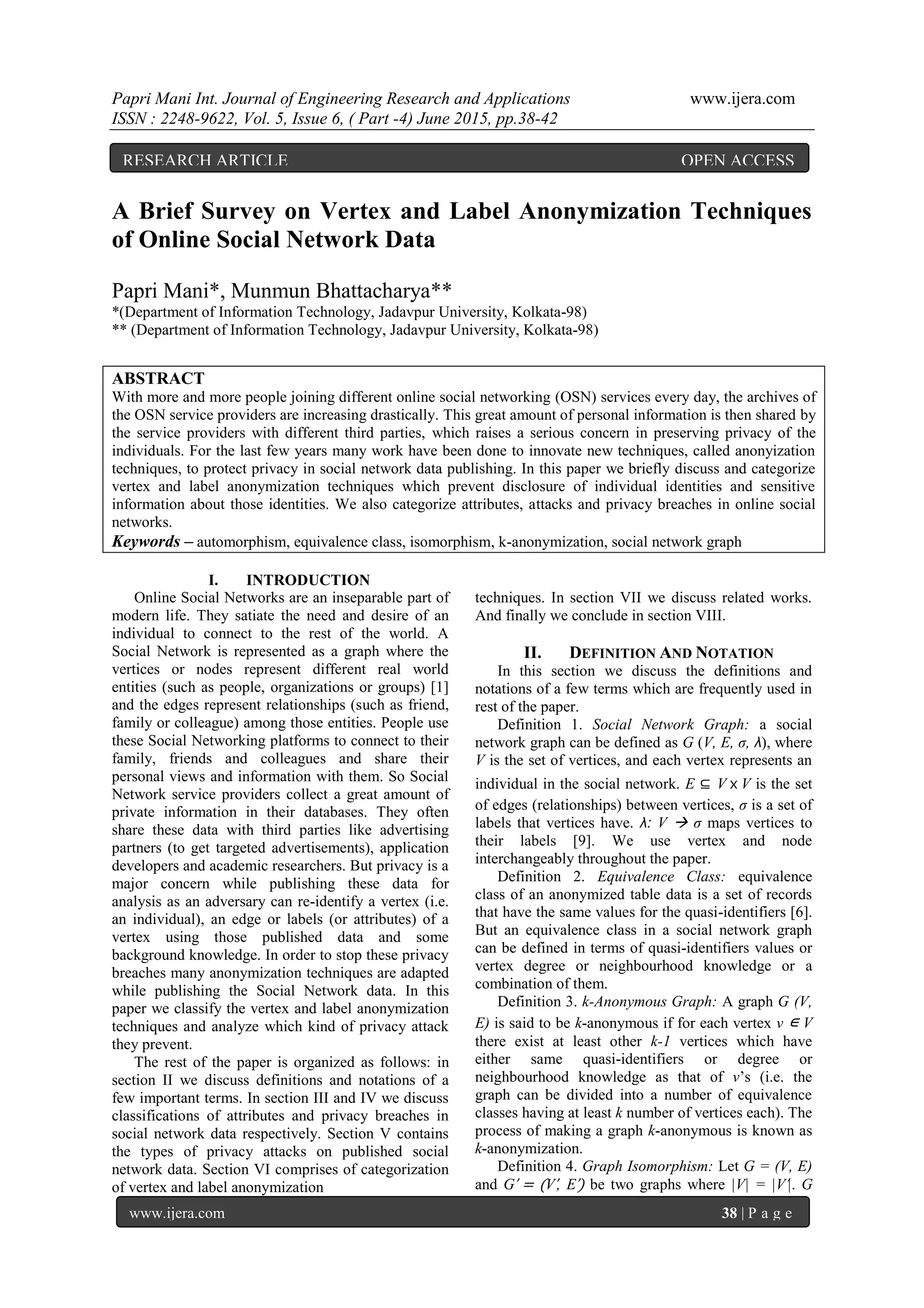 A Brief Survey on Vertex and Label Anonymization Techniques of Online Social Network Data | PDF