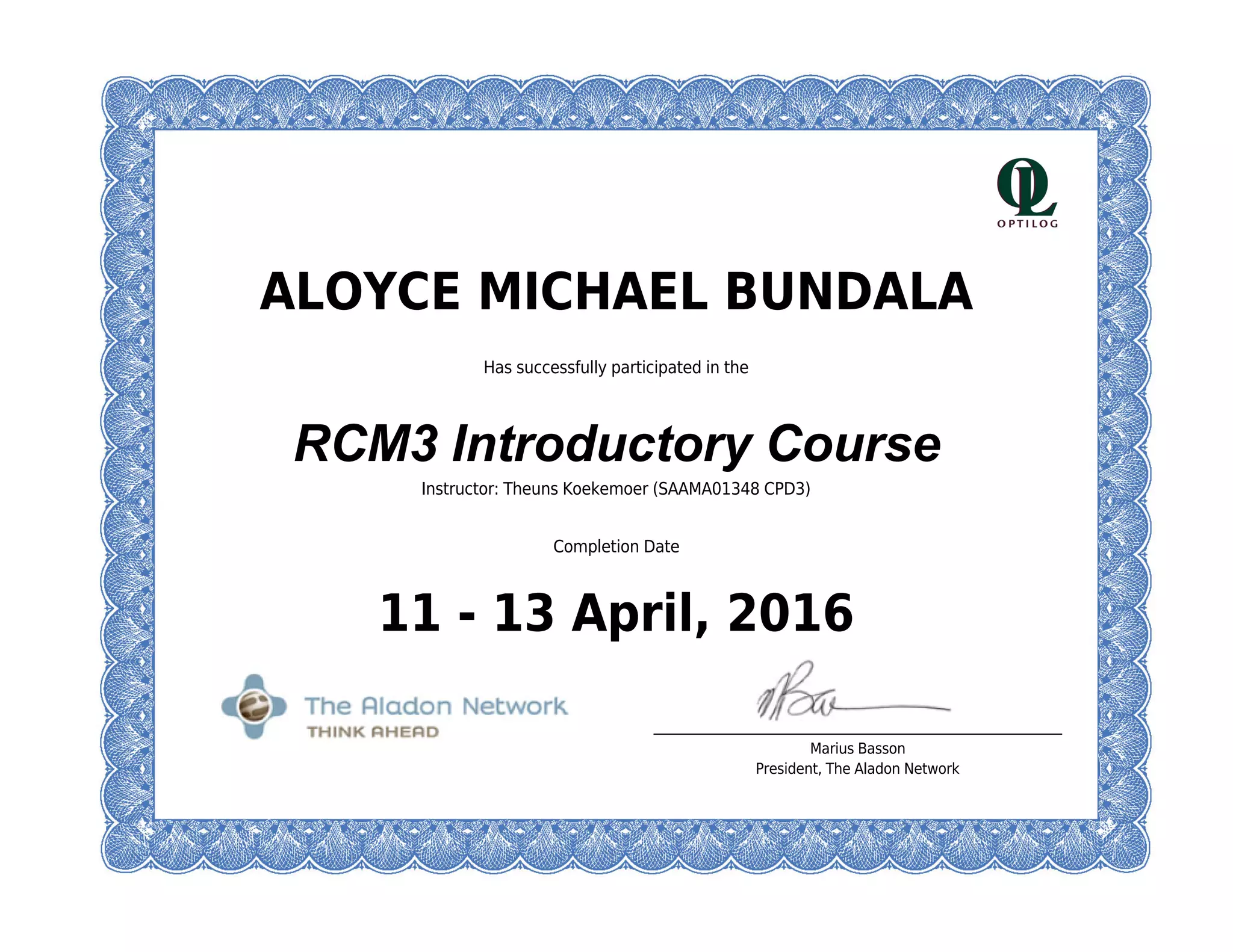 Certificate-RCM3 Introductory Course-201 | PPT