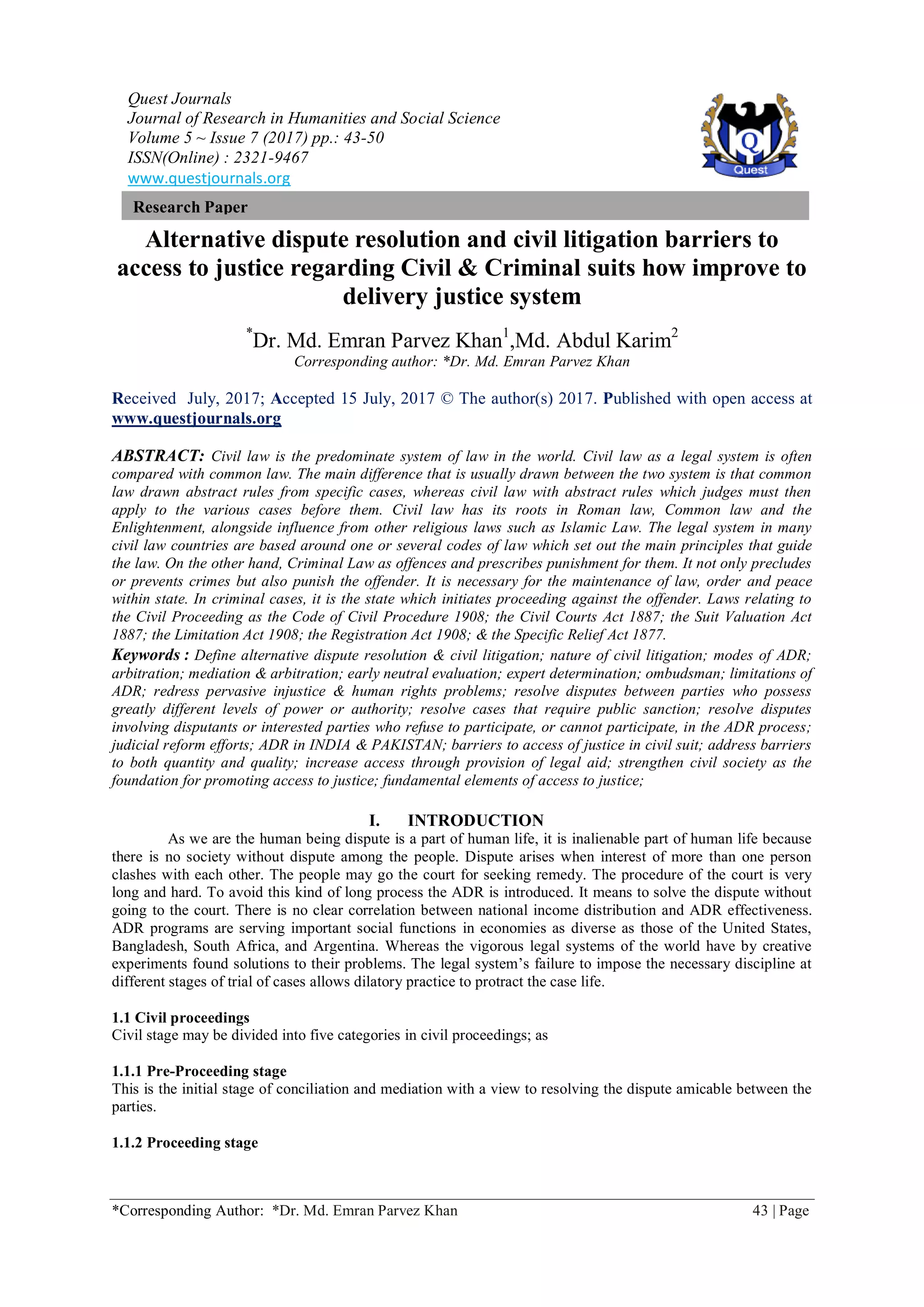 Alternative dispute resolution and civil litigation barriers to access to justice regarding ...