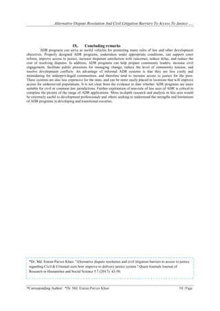 Alternative dispute resolution and civil litigation barriers to access to justice regarding ...
