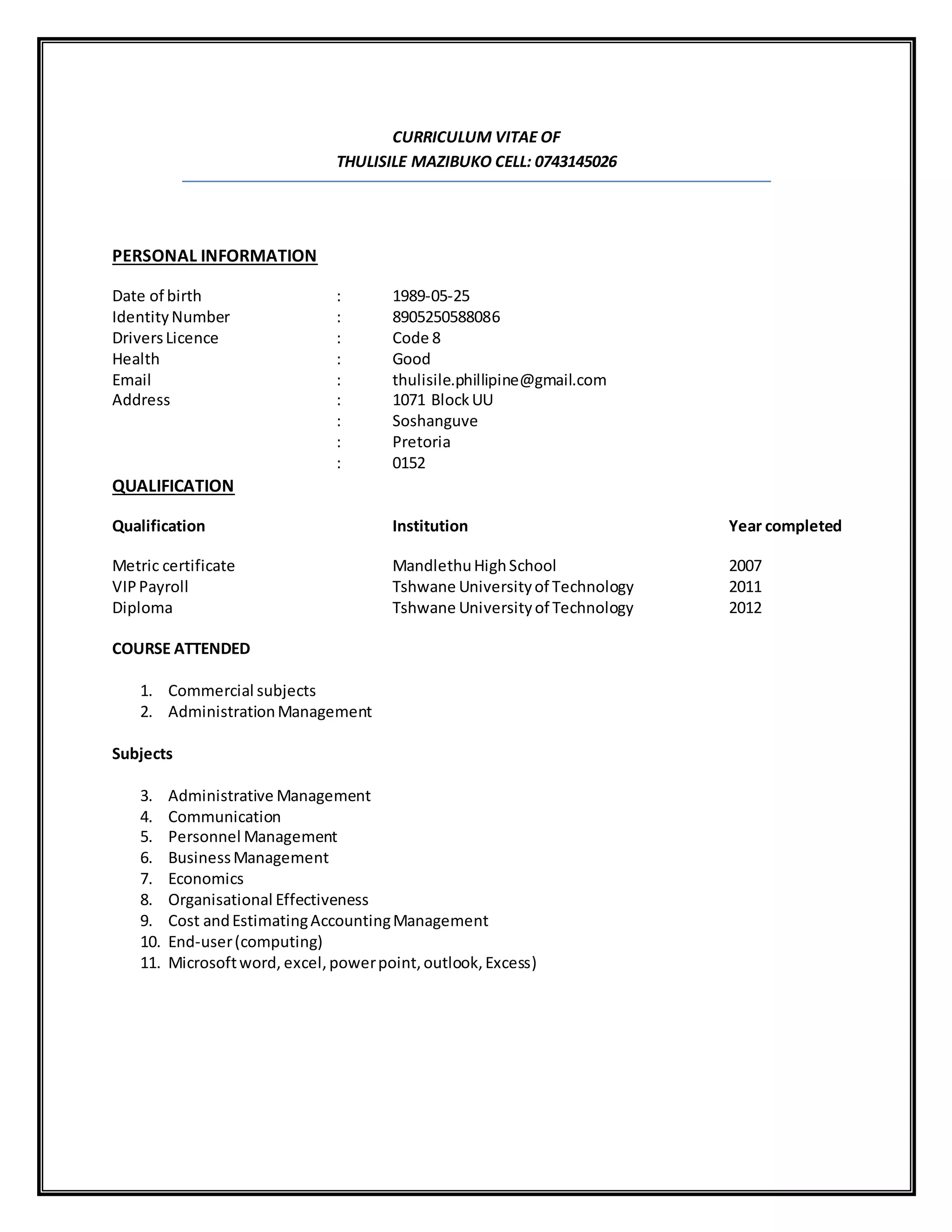 Cv of Thulisile Mazibuko | DOCX | Human Resources | Business