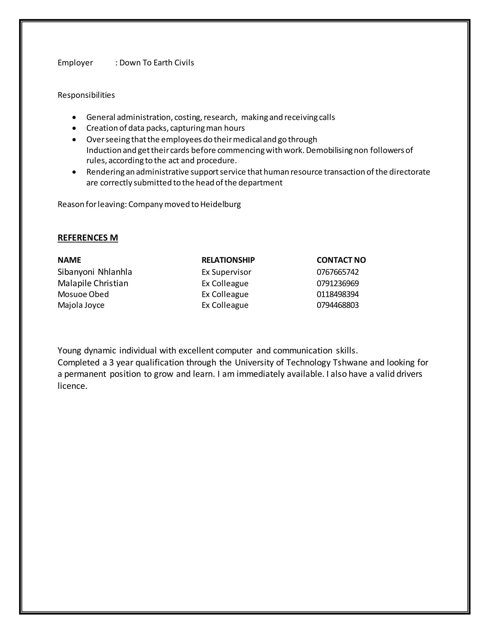 Cv of Thulisile Mazibuko | DOCX | Human Resources | Business