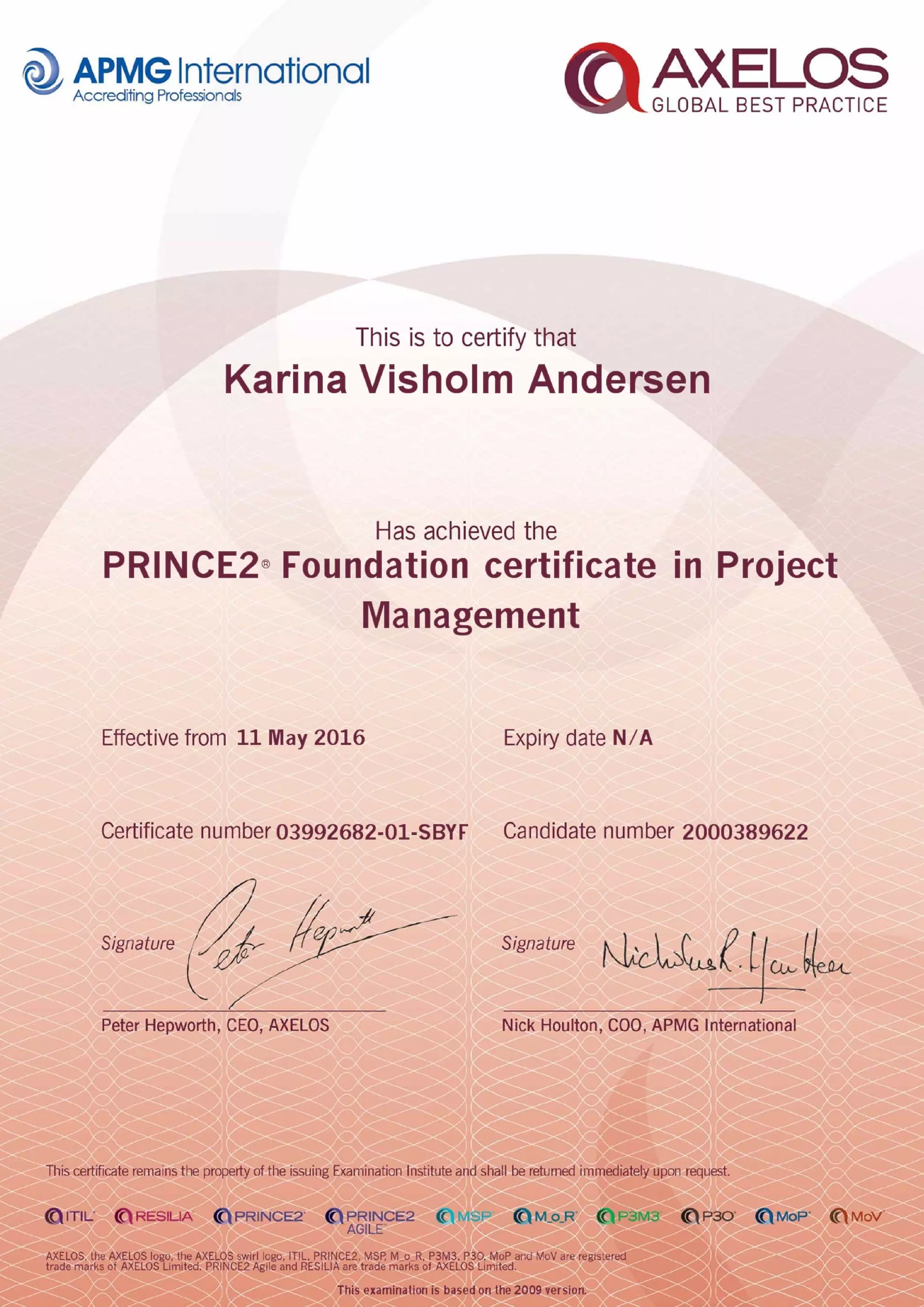 Prince2 Foundation Certificate Karina Visholm Andersen | PDF