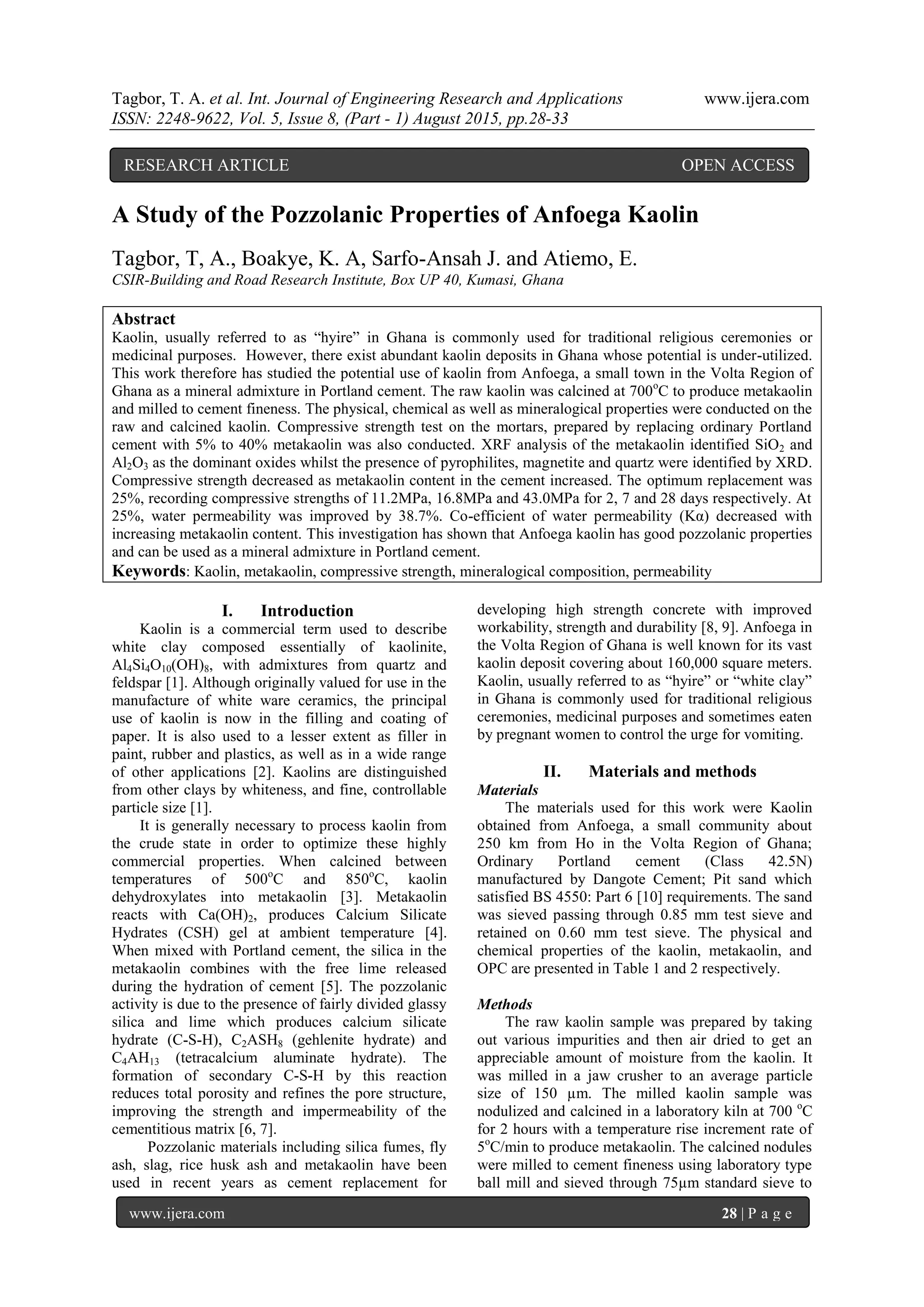 A Study of the Pozzolanic Properties of Anfoega Kaolin | PDF