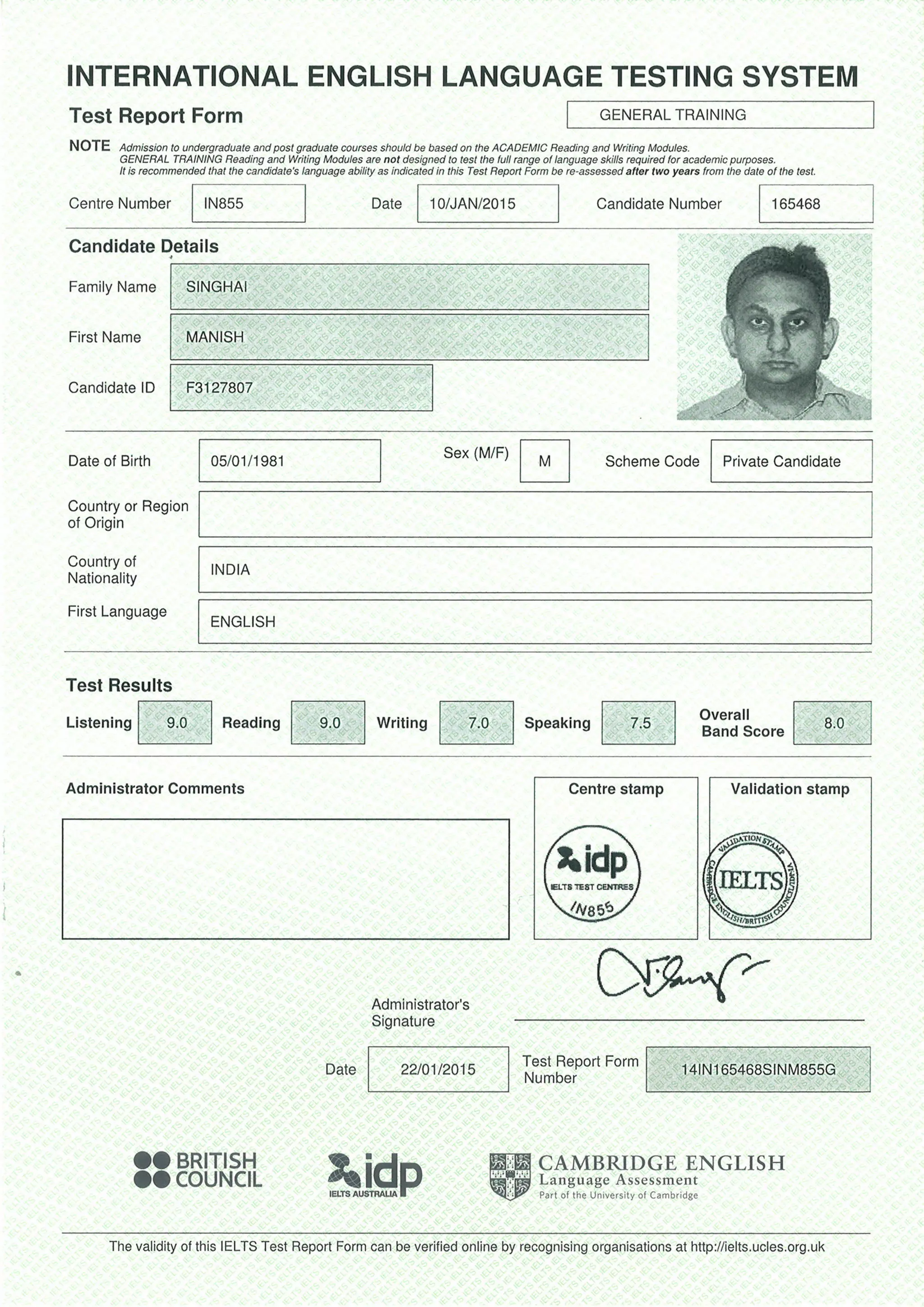 Manish IELTS scorecard | PDF