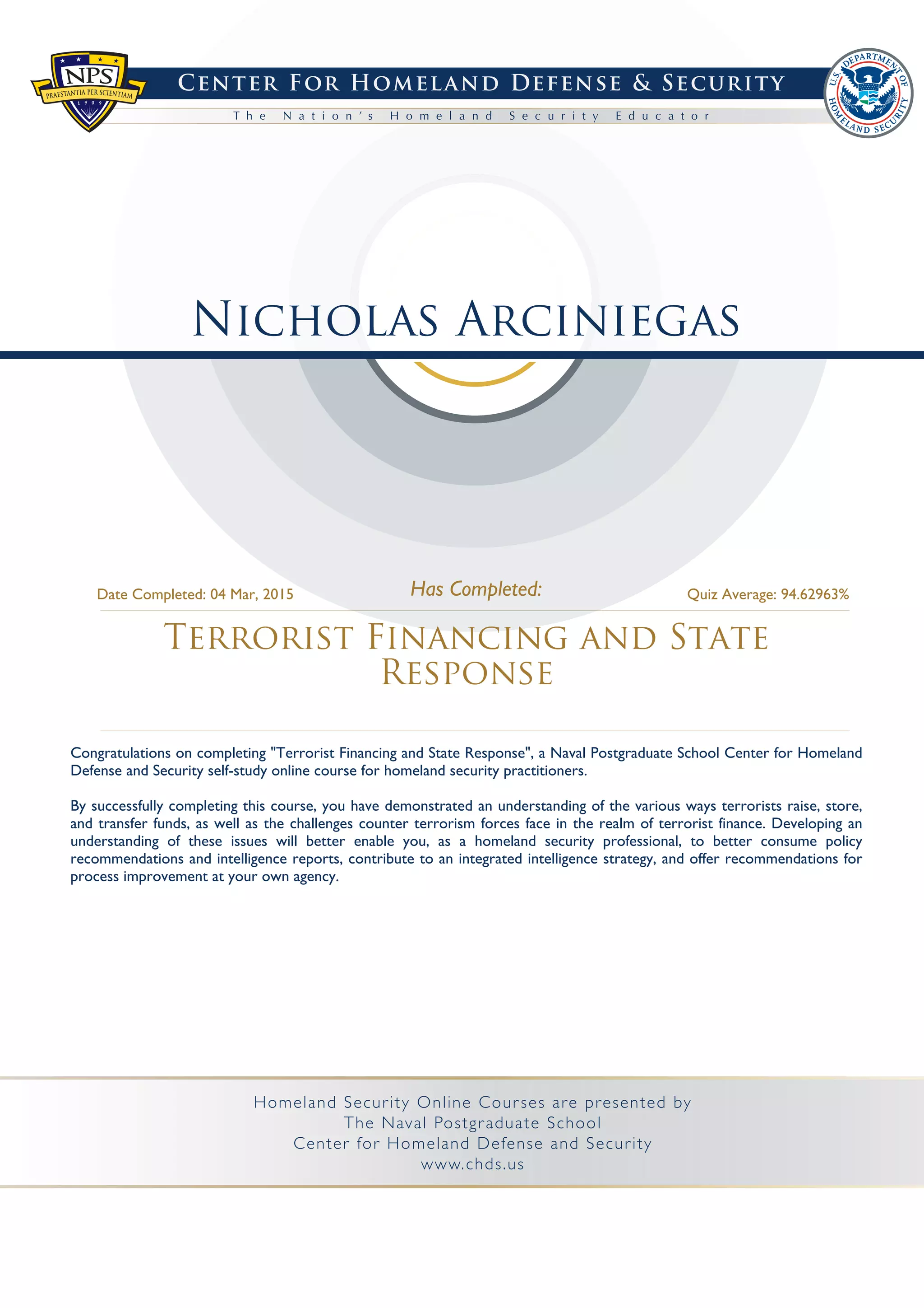 Certificate of Completion-Terror Financing | PDF