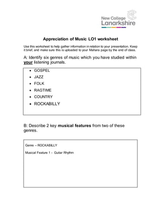 F58 m 12 appreciation of music worksheet week 6 | DOCX | Country Music ...