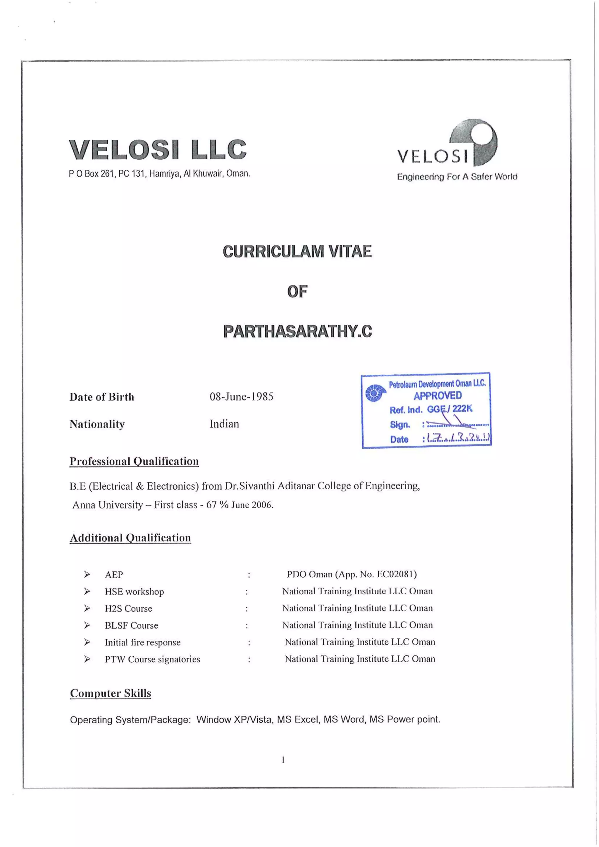 PDO APPROVED CV OF PARTHASARATHY QCI- ELECTRICAL | PDF
