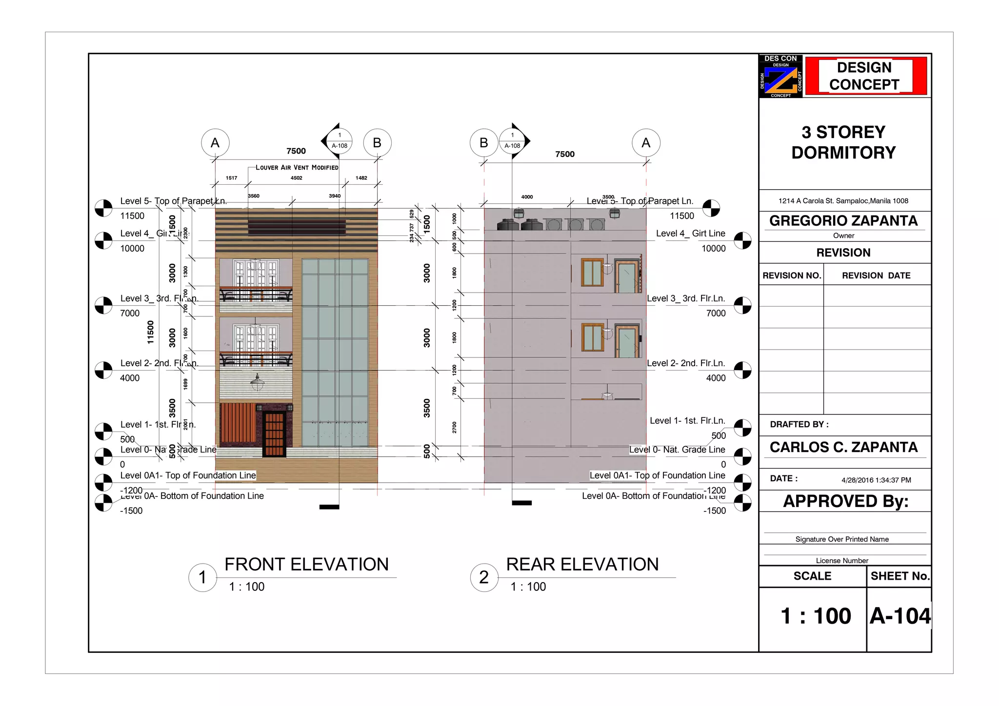 1214 A Carola - Sheet - A-104 - FRONT AND REAR ELEV. | PPT