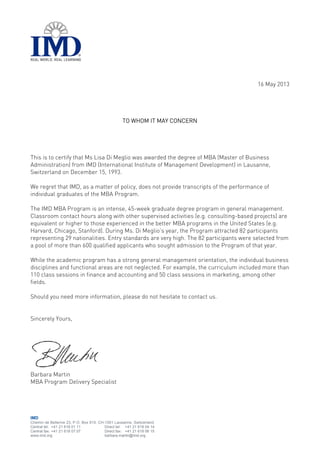 IMD Certification Letter for Lisa Di Meglio - 1993 | PDF