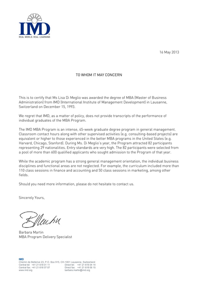 IMD Certification Letter for Lisa Di Meglio - 1993 | PDF