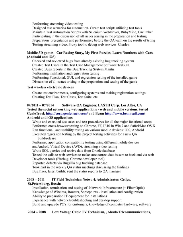 Igor Filatov SQA Resume | RTF | Operating Systems | Computer Software ...