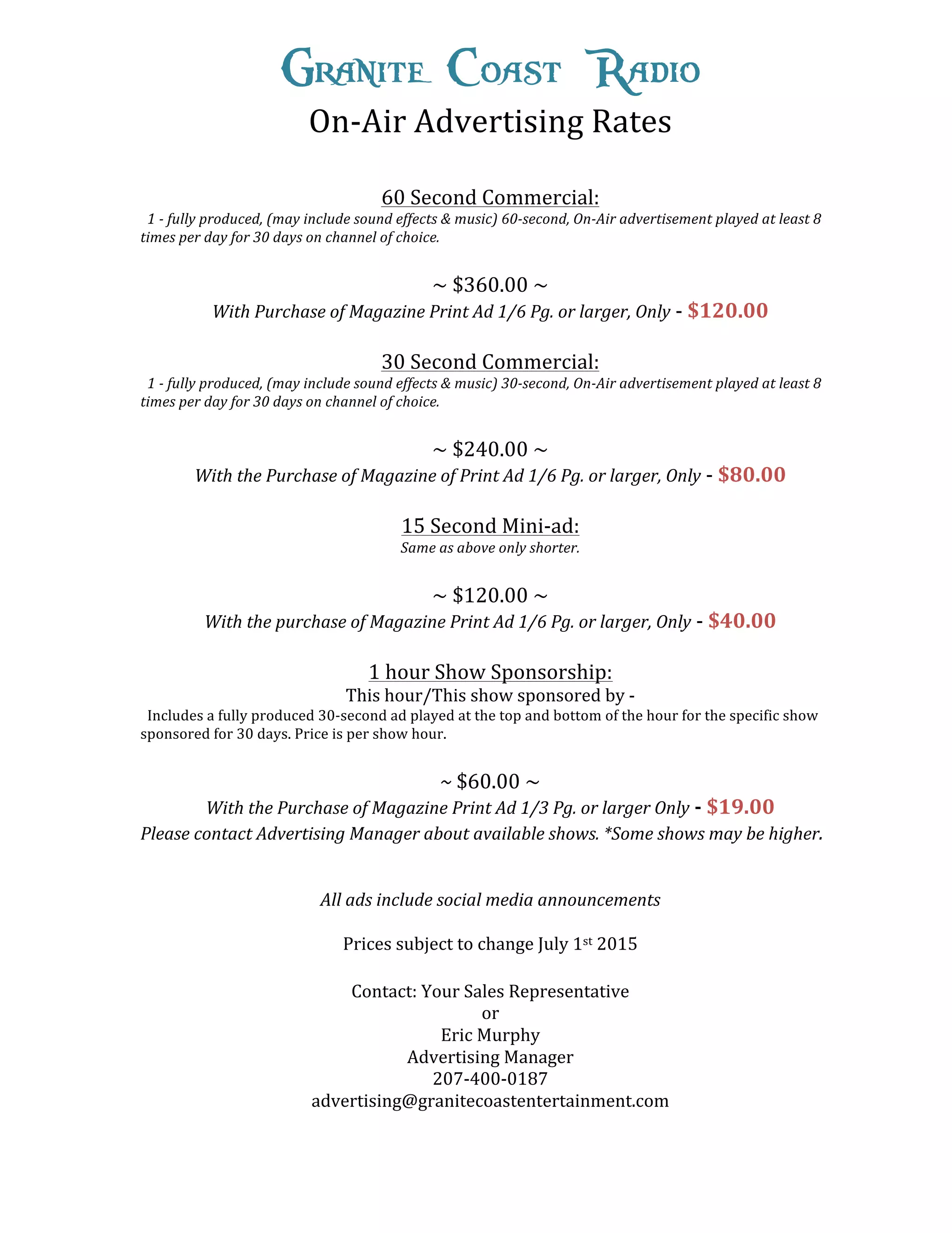 2015 On-Air Advertising price sheet | PDF