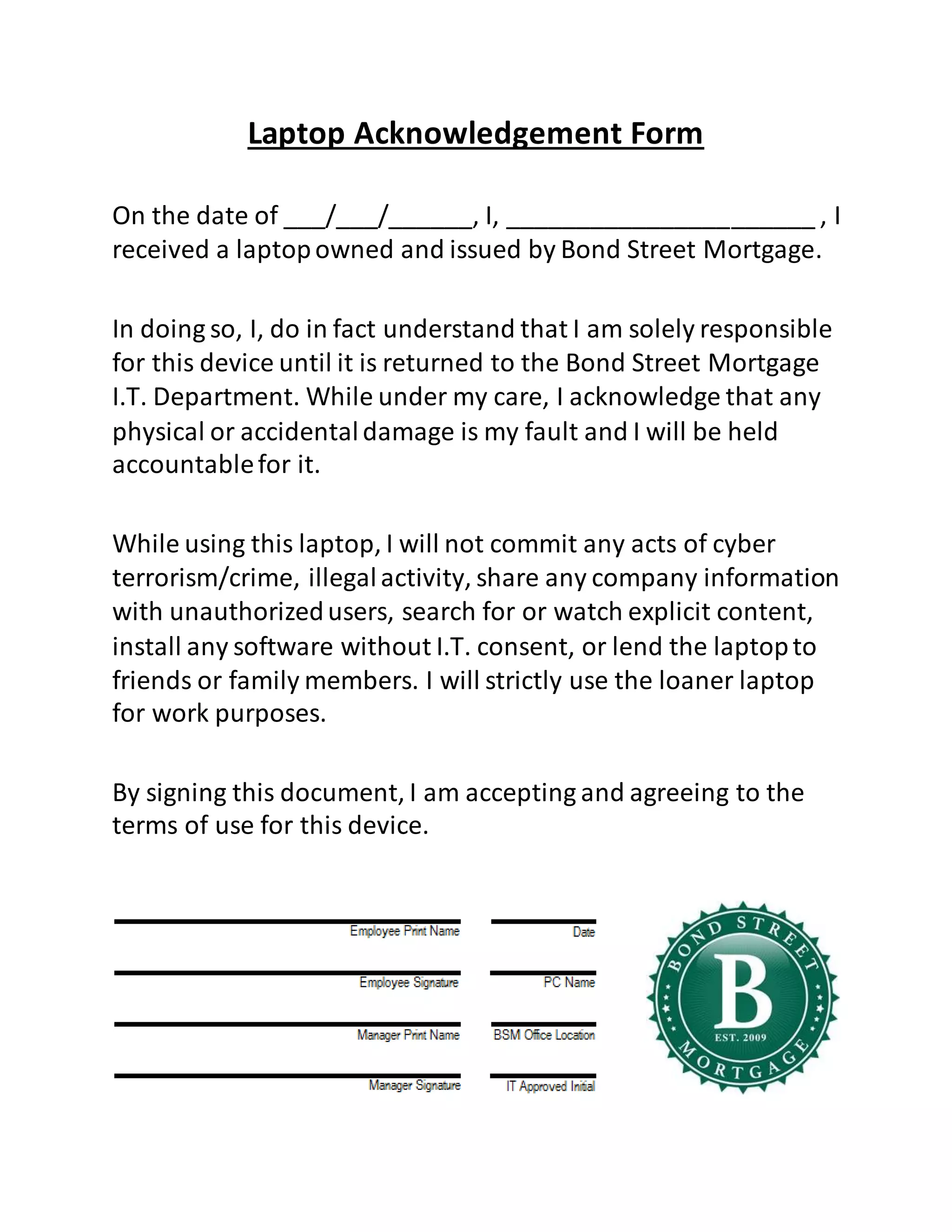 Laptop Acknowledgement Form | DOCX