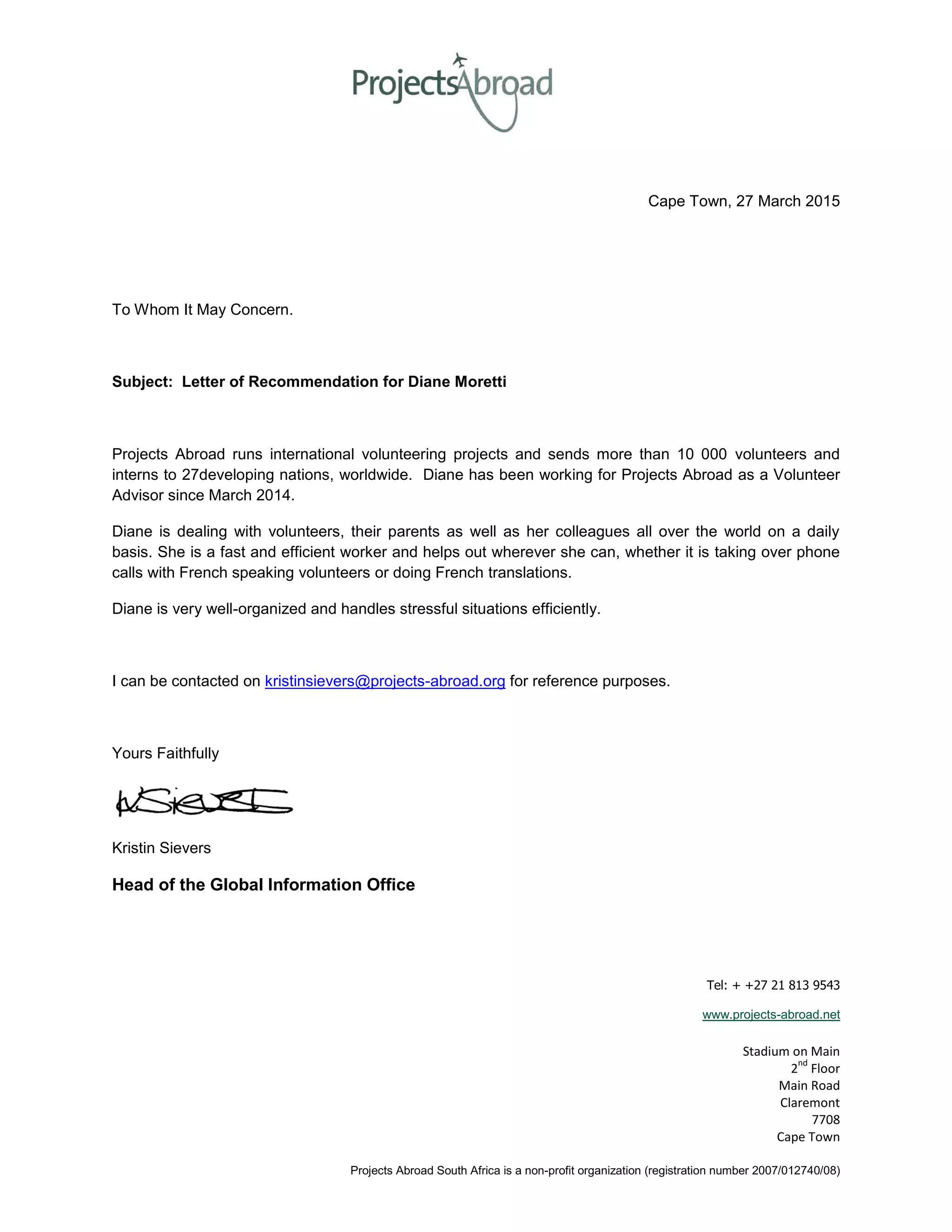 Diane Moretti - Letter of recommendation | PDF