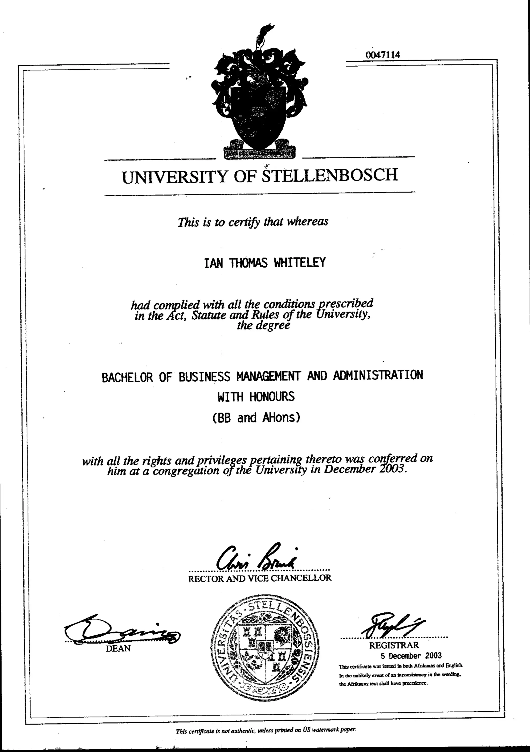 University of Stellenbosch Certificate | PDF