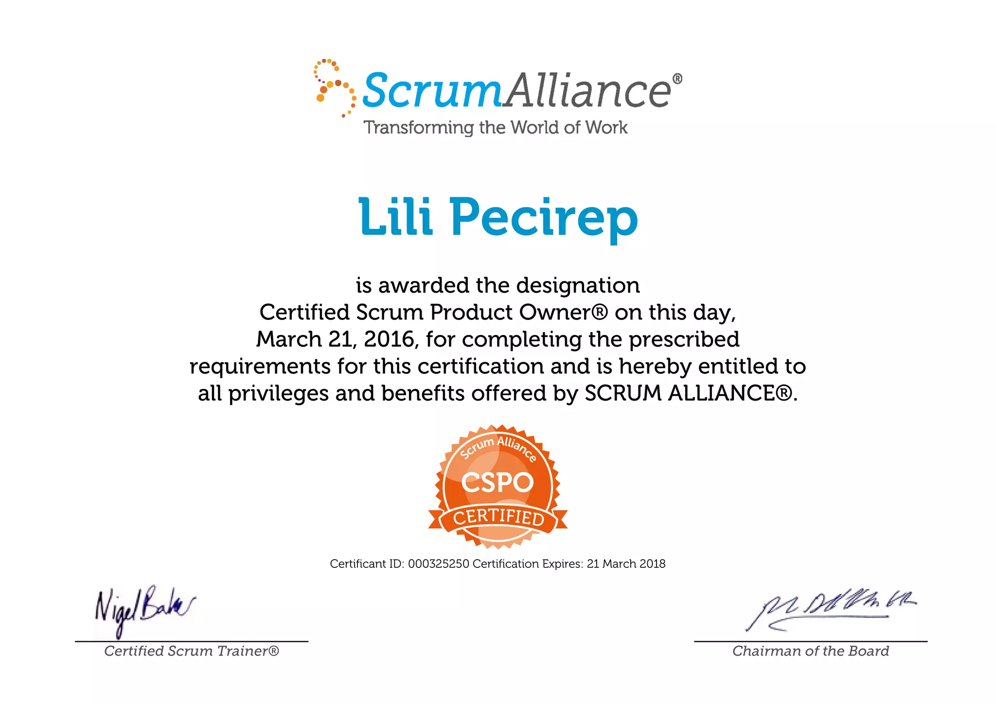 Lili Pecirep-ScrumAlliance_CSPO_Certificate | PPT