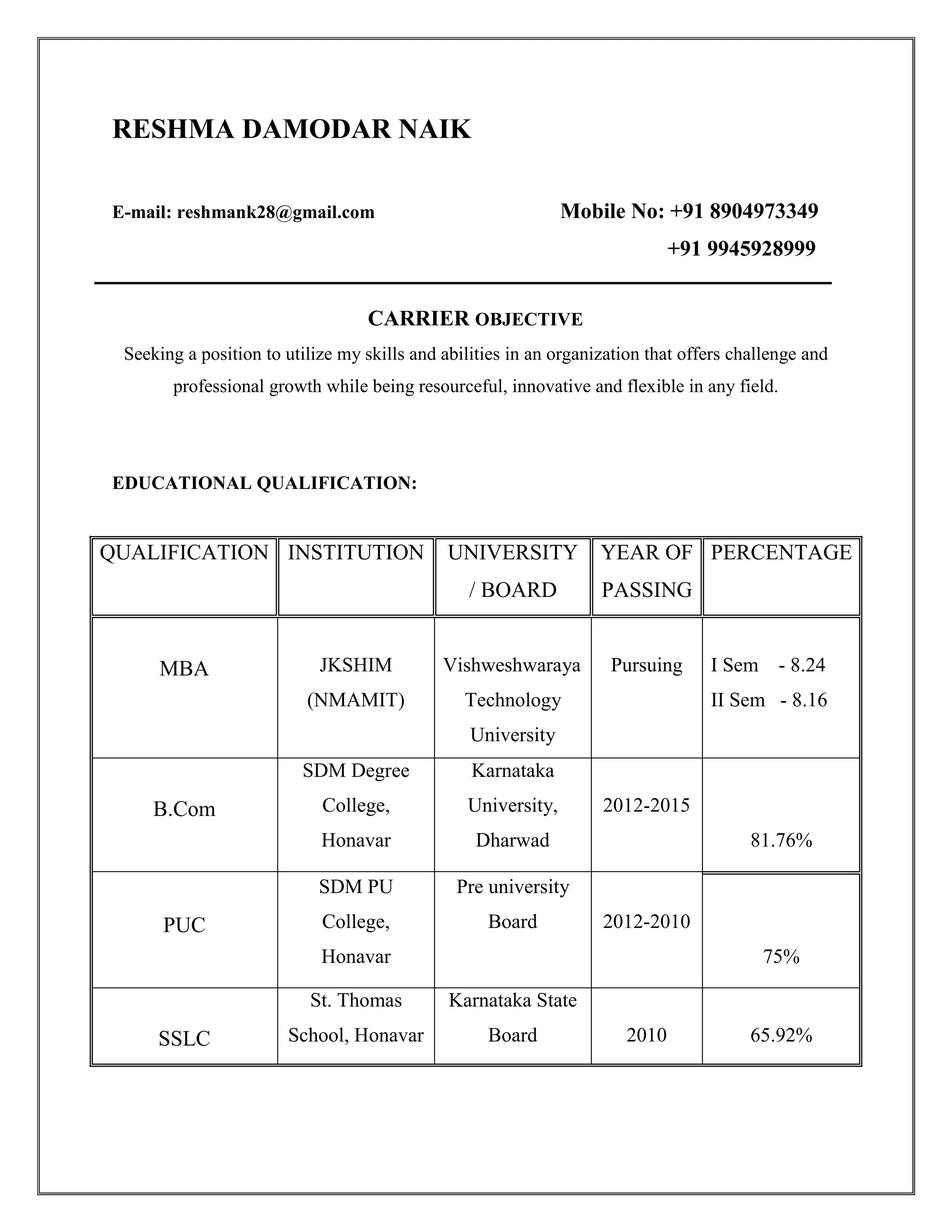 Reshma Resume 2 | PDF