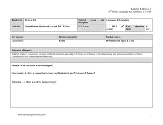 Unit Planner Greek Roman Myths and Marvels X Men | PDF | Fantasy | Genres