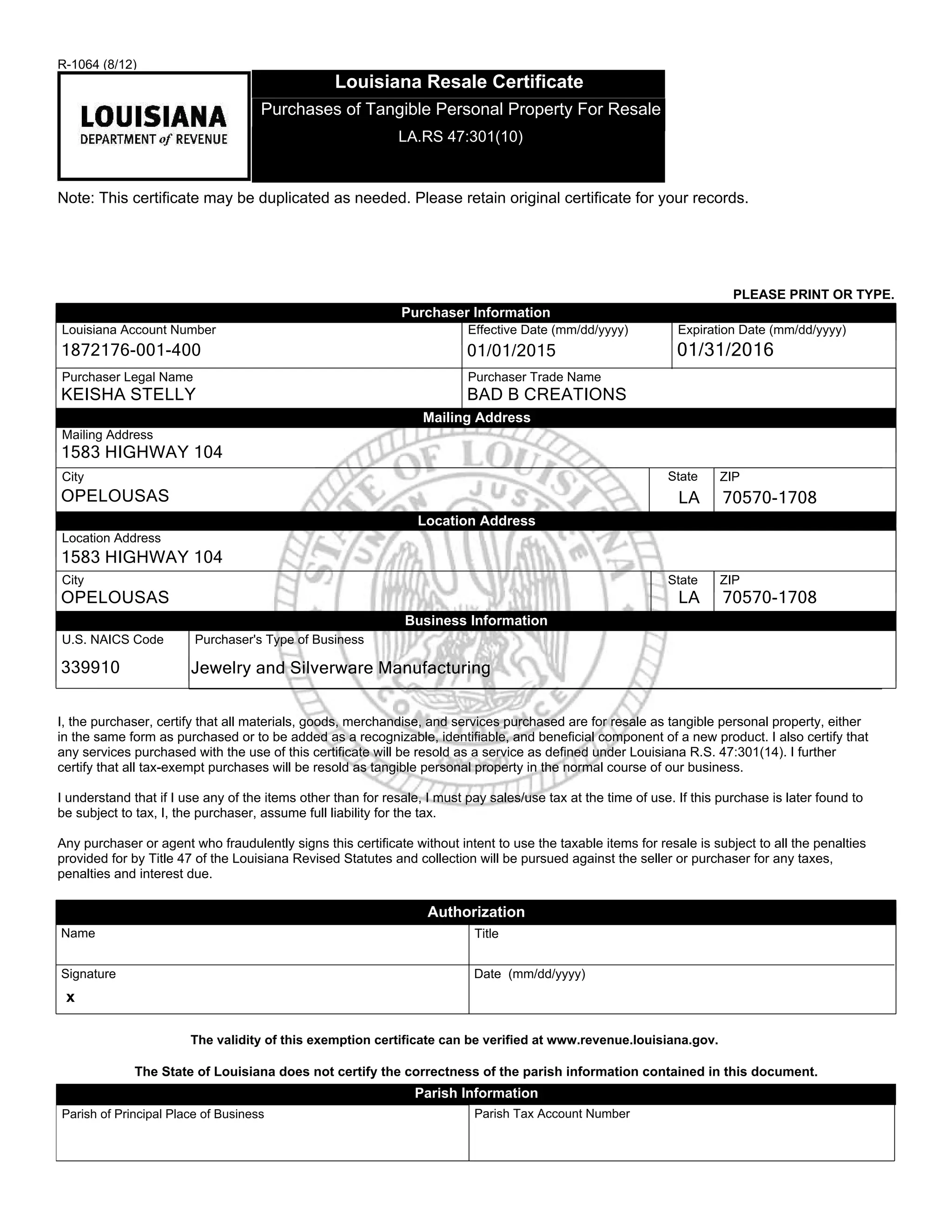 Louisiana Resale Certificate | PDF