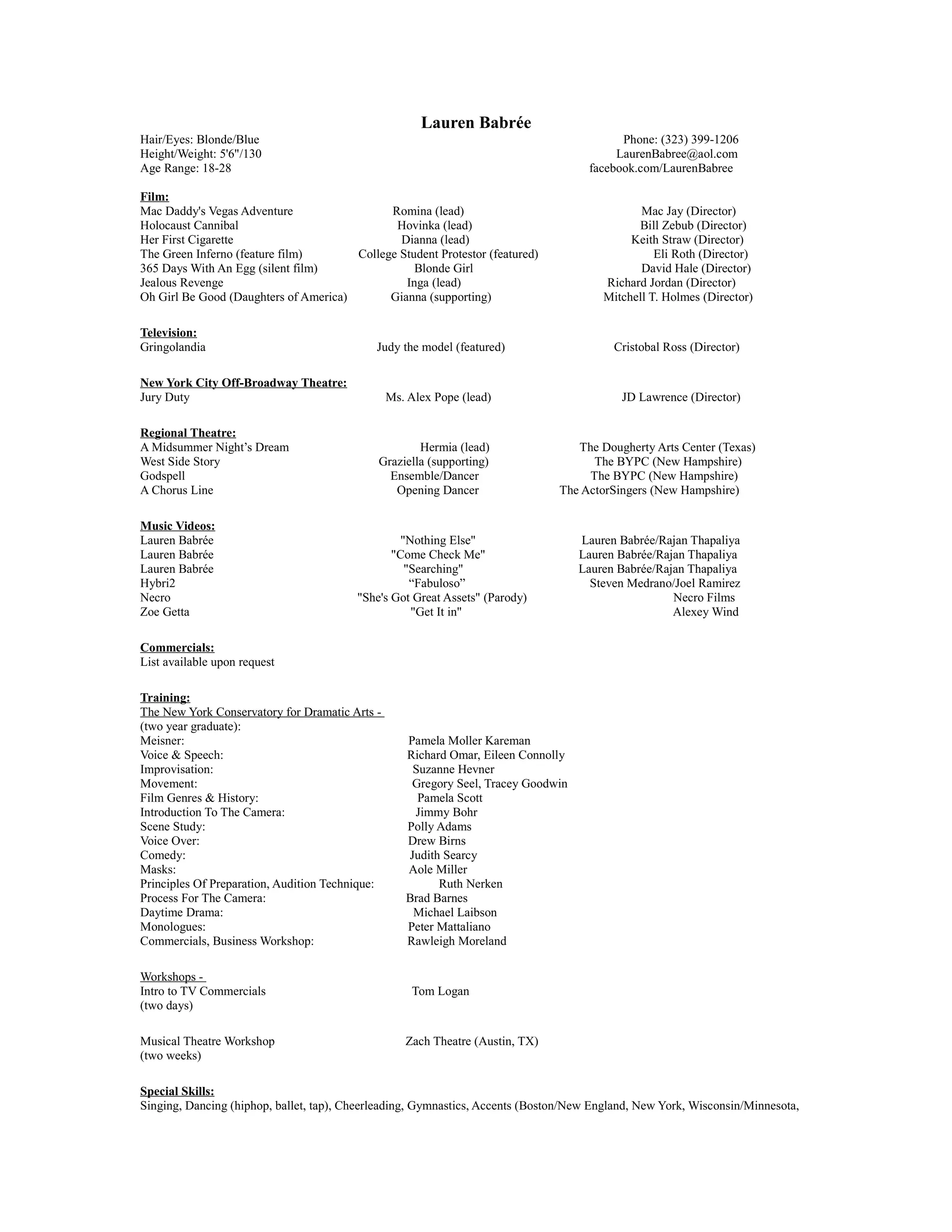 Lauren Babrée acting resume | RTF